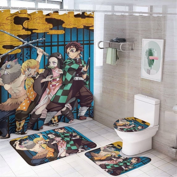 Demon Slayer Shower Curtain Sets 4 Piece Bathroom Set Non-Slip Rugs ...