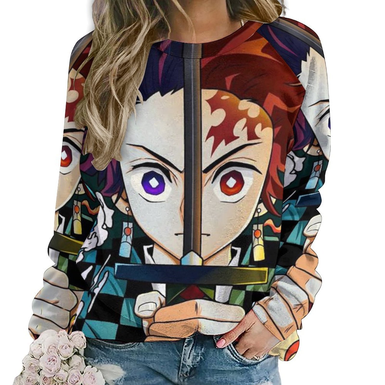 Demon Slayer Tanjiro Anime Womens Sweatshirts Fashion Raglan Round Neck ...
