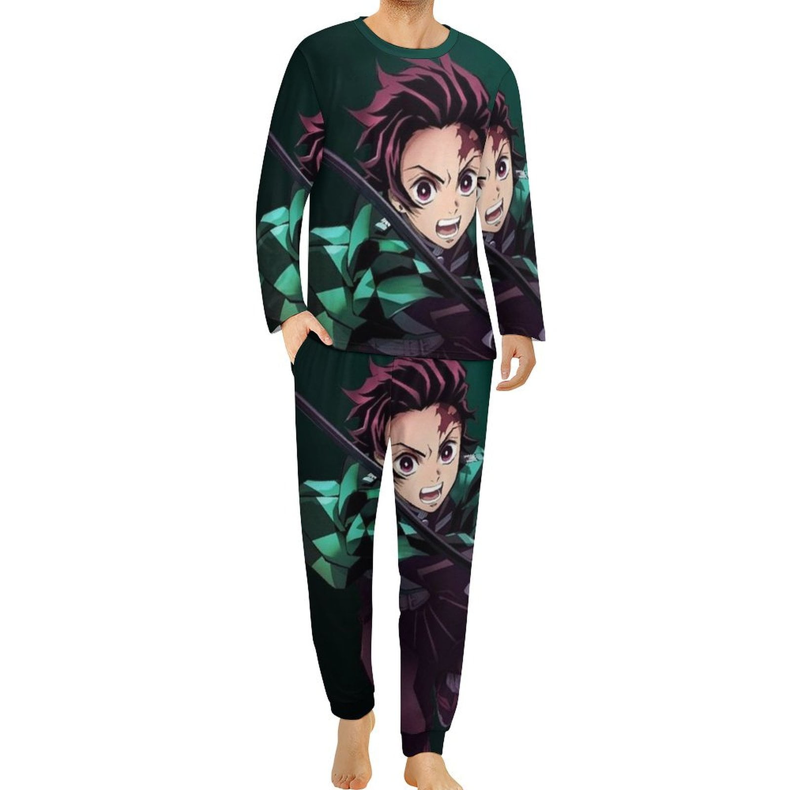 Demon Slayer Tanjiro Character Men's Pajama Set Long Sleeve Crew Neck T ...