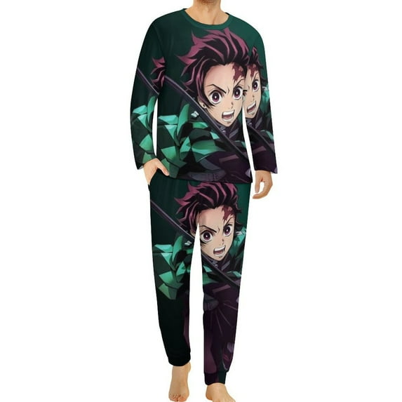 Demon Slayer Tanjiro Character Men's Pajama Set Long Sleeve Crew Neck T ...