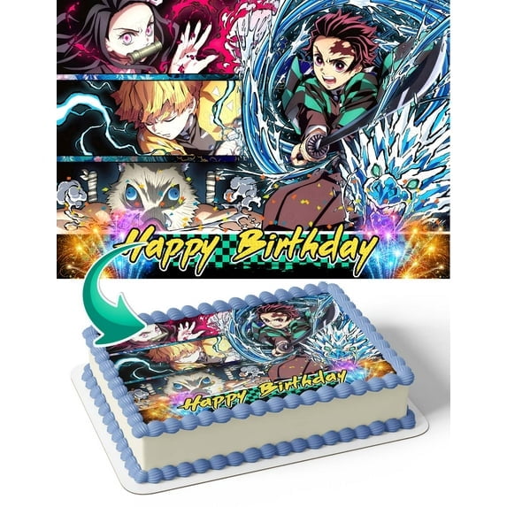 Demon Slayer Tanjiro Nezuko Happy Birthday Edible Image Cake Topper For ...