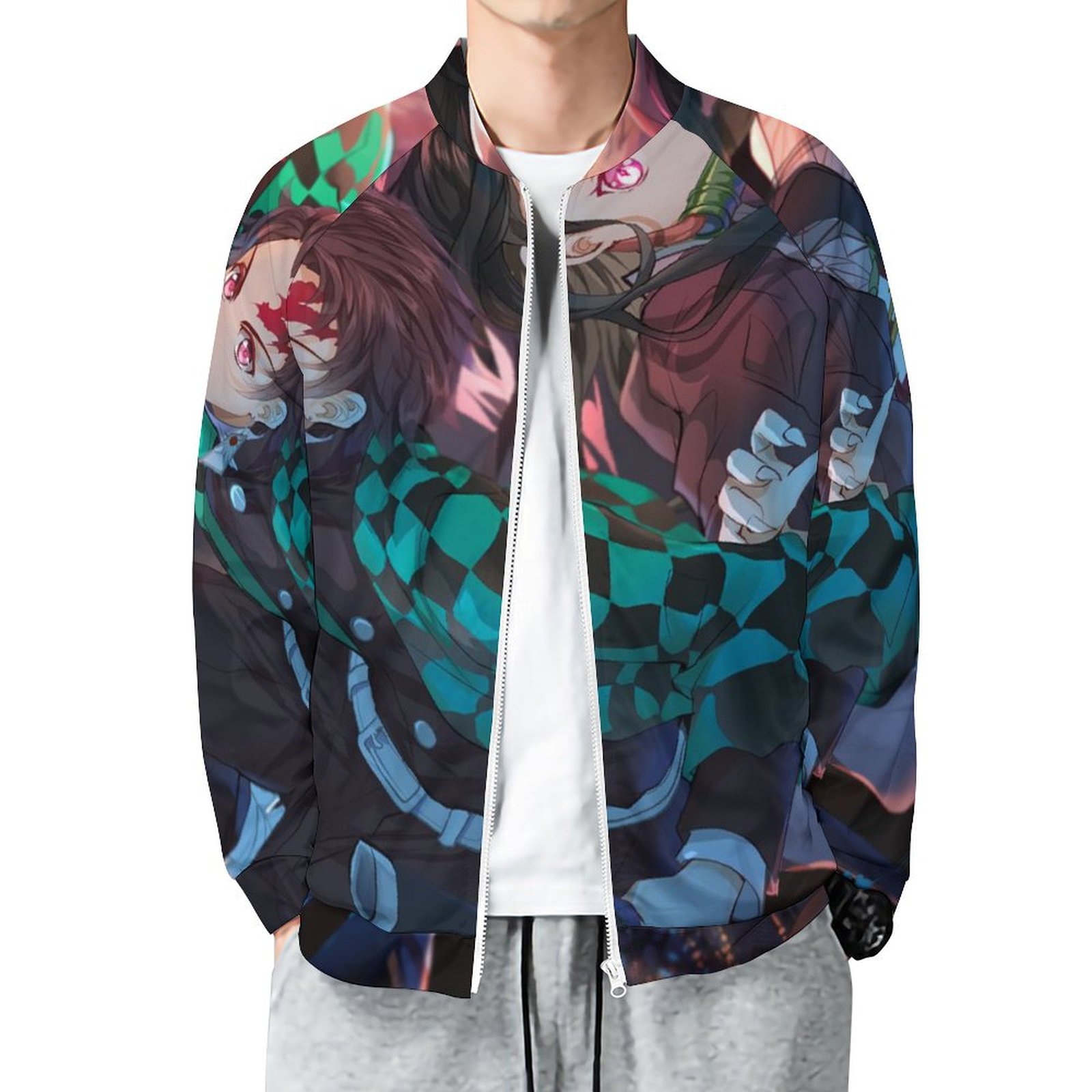 Demon Slayer Tanjiro Nezuko Men's Jacket Windbreaker Coat Round Neck ...