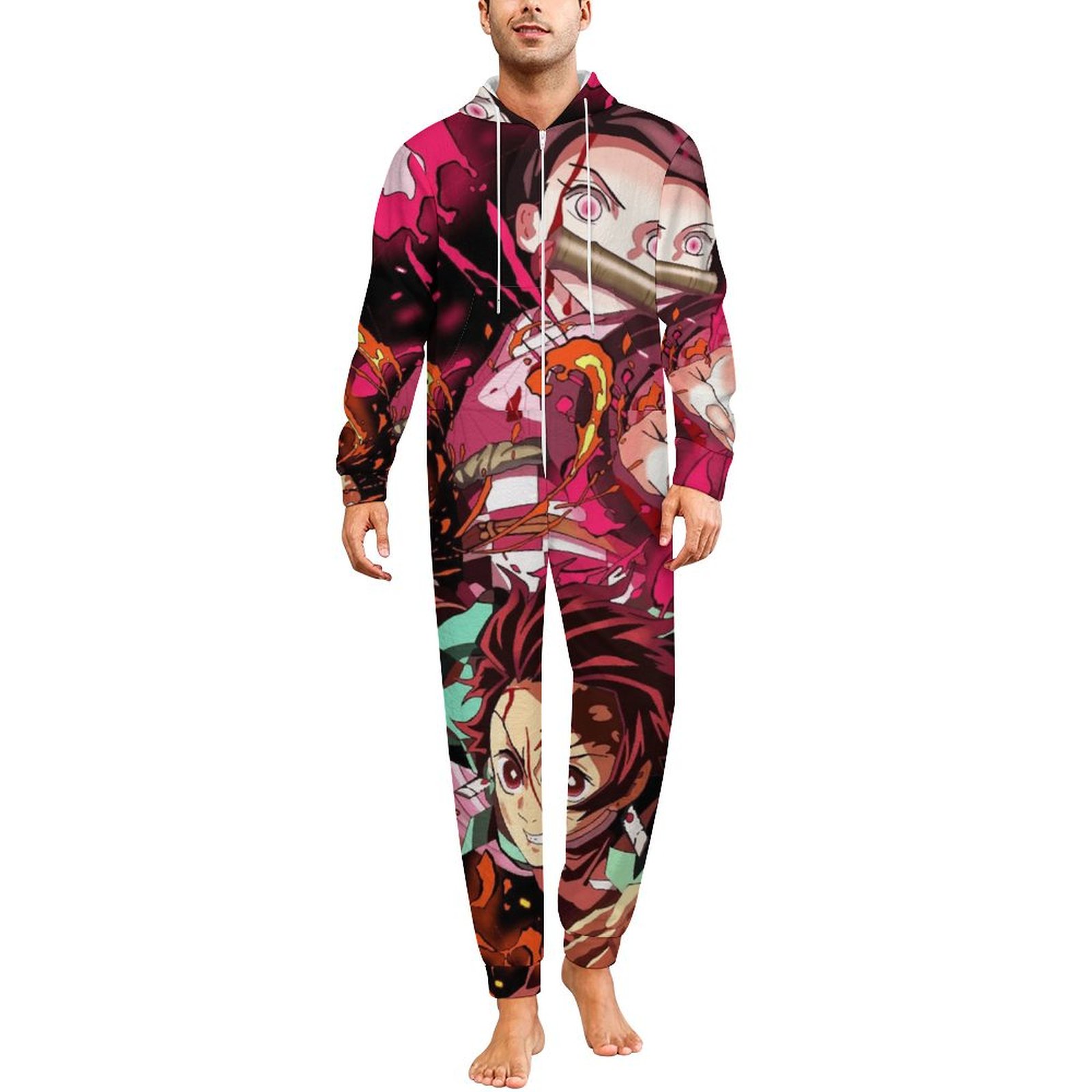 Demon Slayer Unisex Onesie Pajamas Zipper Jumpsuit Hooded One Piece ...