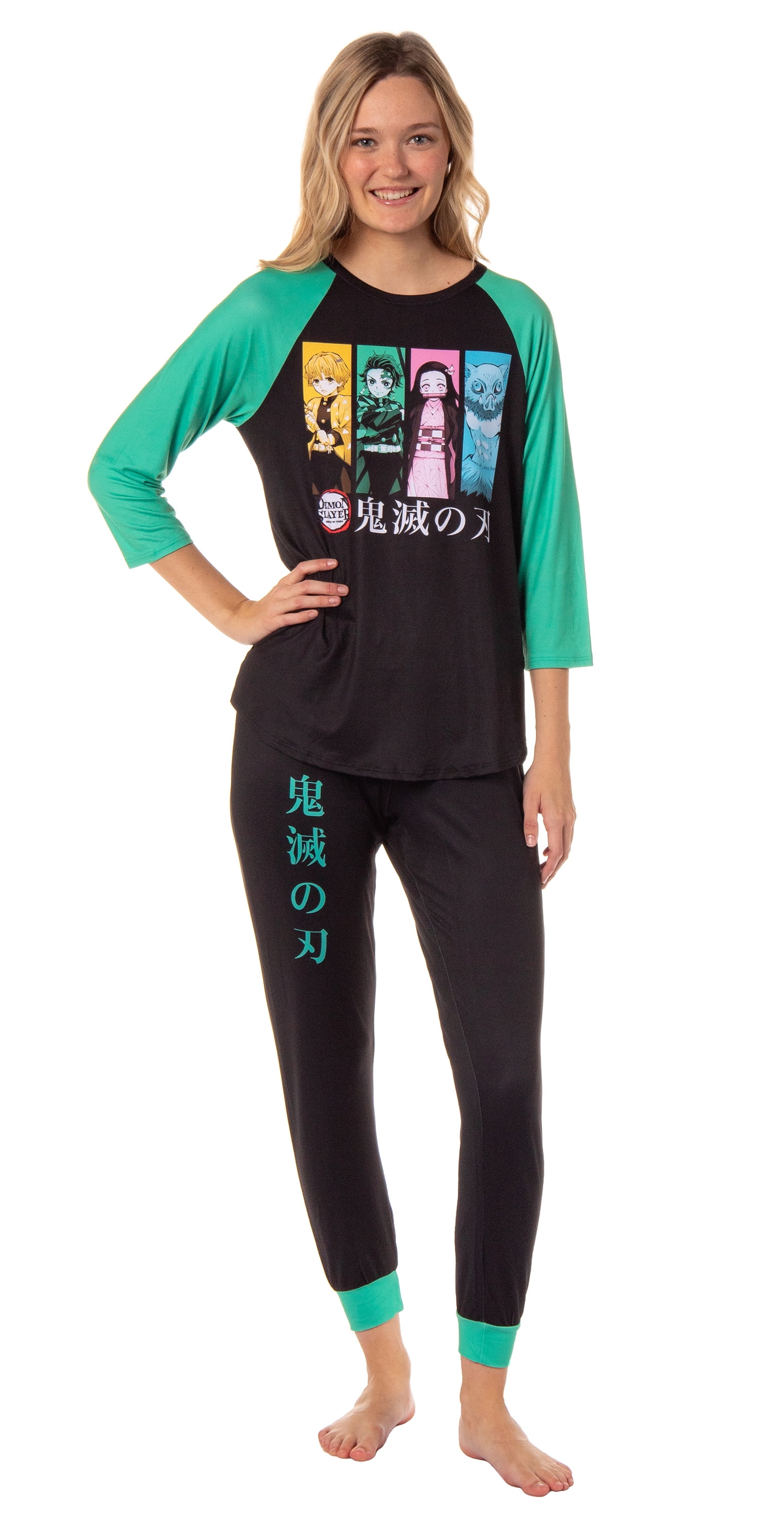 Demon Slayer Women's Character Panels Kanji Raglan Lounge Pajama Sleep ...