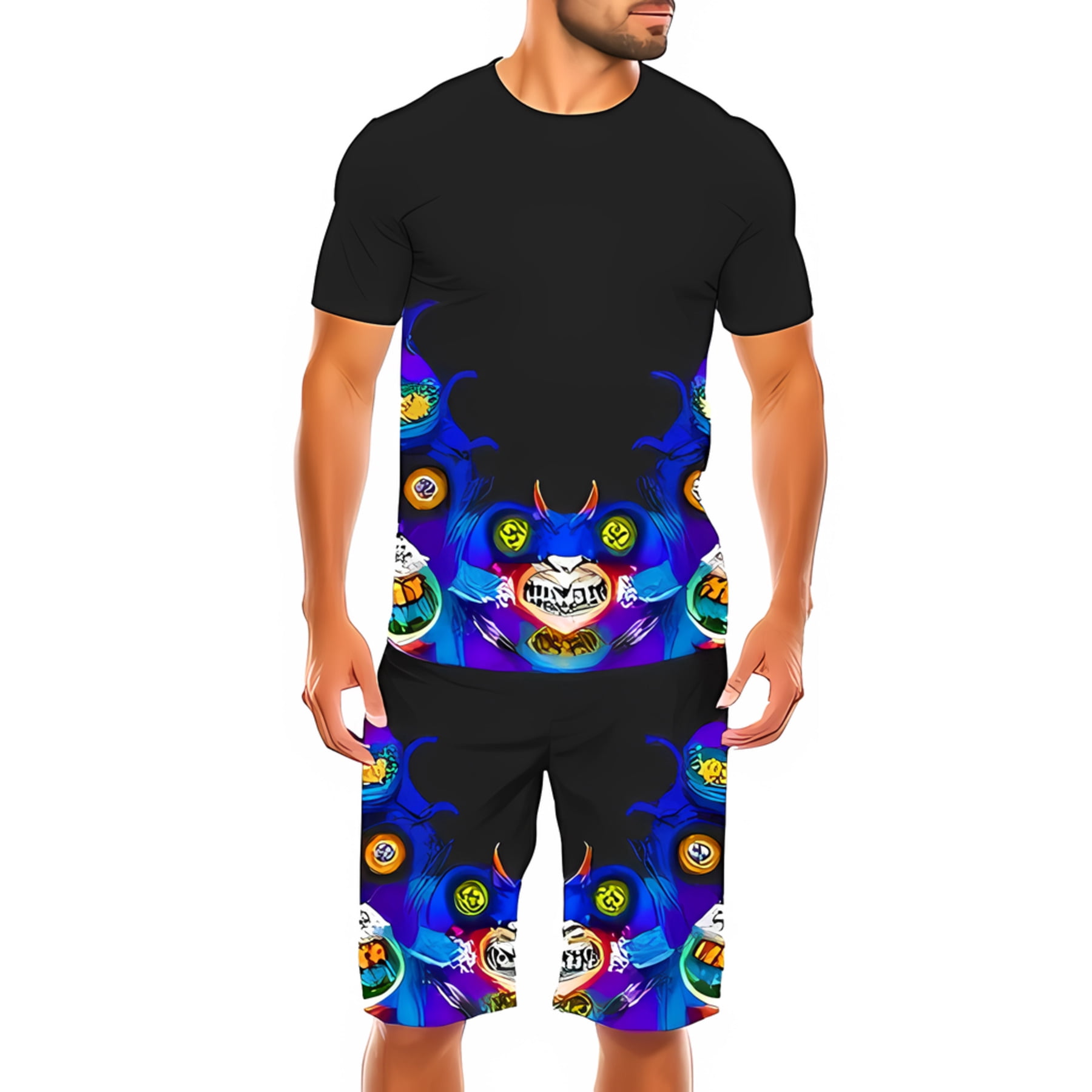 Demonic Faces T-Shirt and Shorts Set - Vibrant Kaleidoscopic Pattern in ...