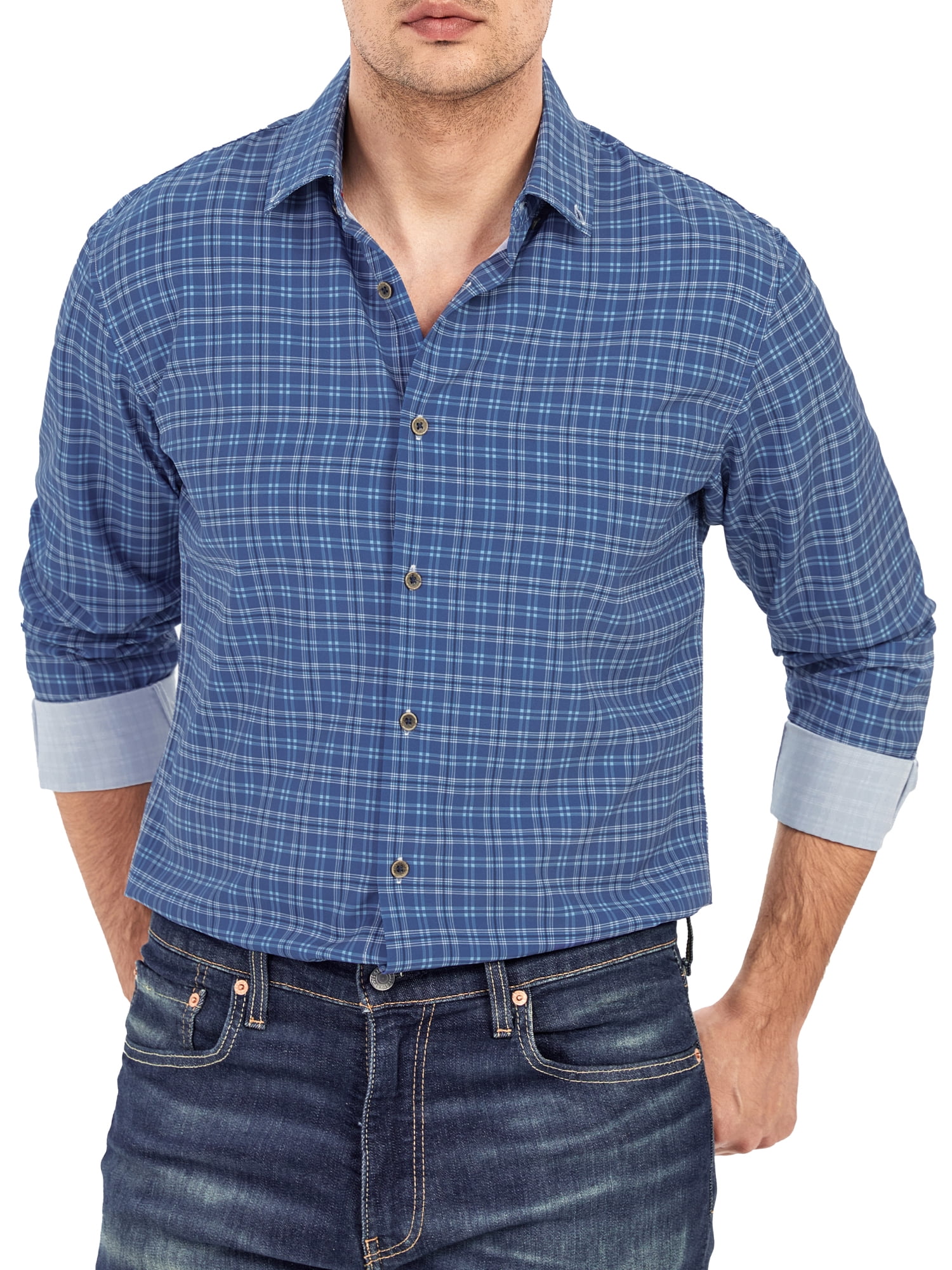 Demotime Men's Gingham Button Down Stretch Business Casual Blouse L ...