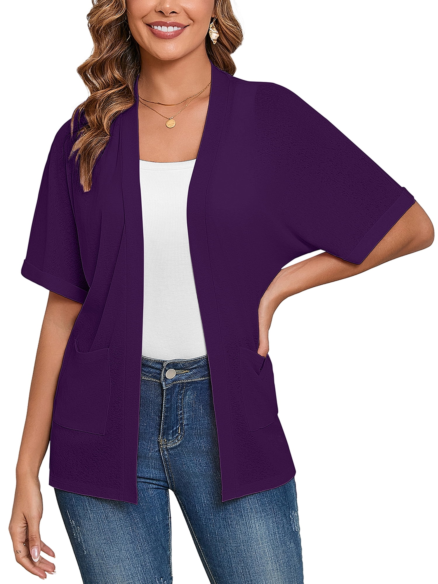 Demotime Women's Cardigans Open Front Short Sleeve Casual Lightweight ...