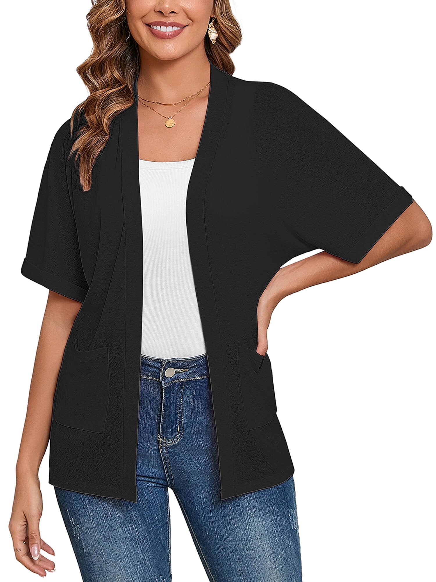 Demotime Women's Cardigans Open Front Short Sleeve Soft Casual Cover Up ...