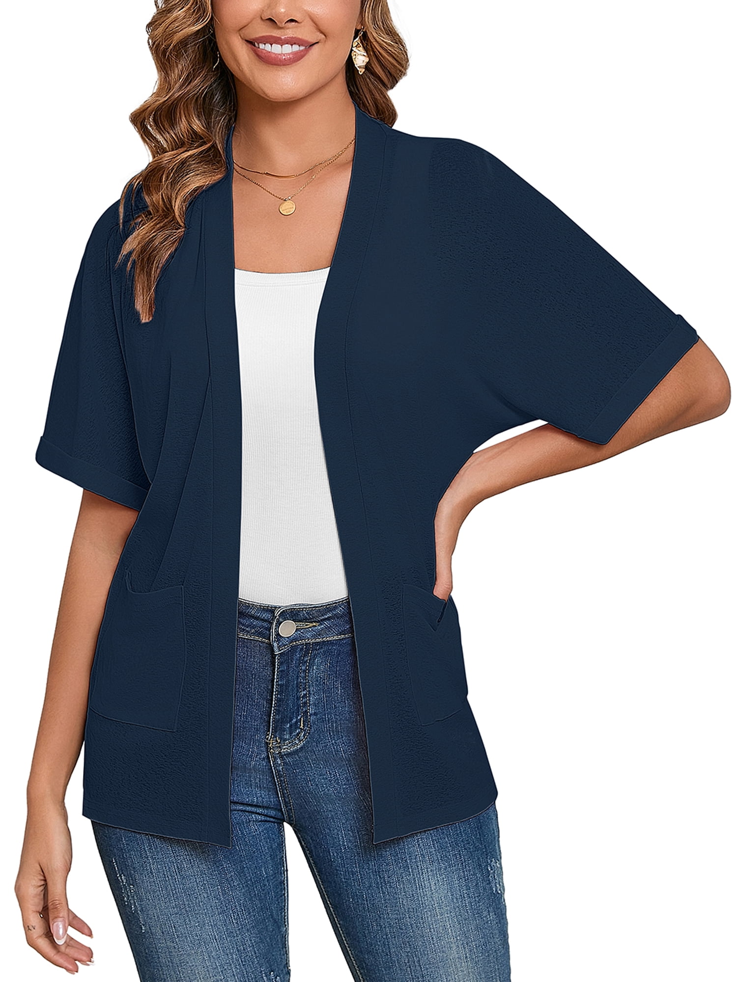 Demotime Women's Cardigans Open Front Short Sleeve Soft Casual Cover Up ...