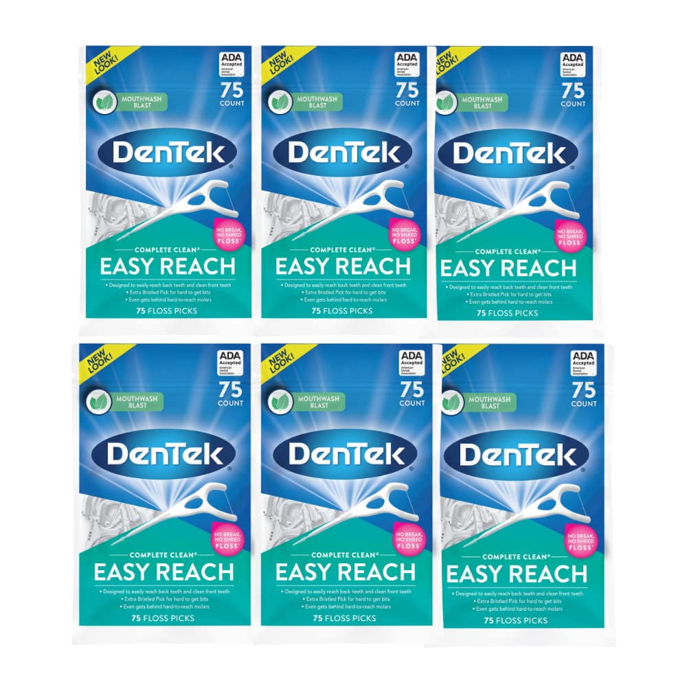 DenTek Complete Clean, Fresh Mint, Easy Reach Angled Floss Picks, No Break & No Shred Floss, 75 ...
