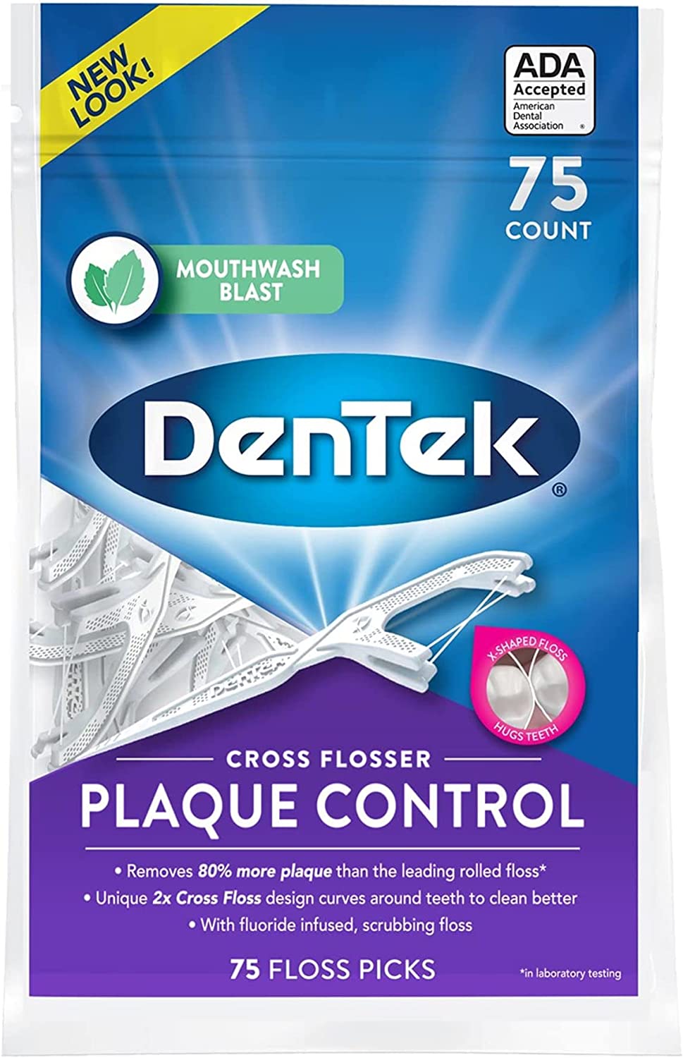 DenTek Cross Flosser Plaque Control Floss Picks, X-Shaped Floss, 75 ...