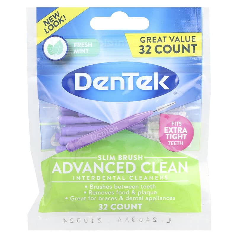DenTek, Slim Brush Interdental Cleaners, Advanced Clean, Fresh Mint, 32 Count Pack of 4 ...