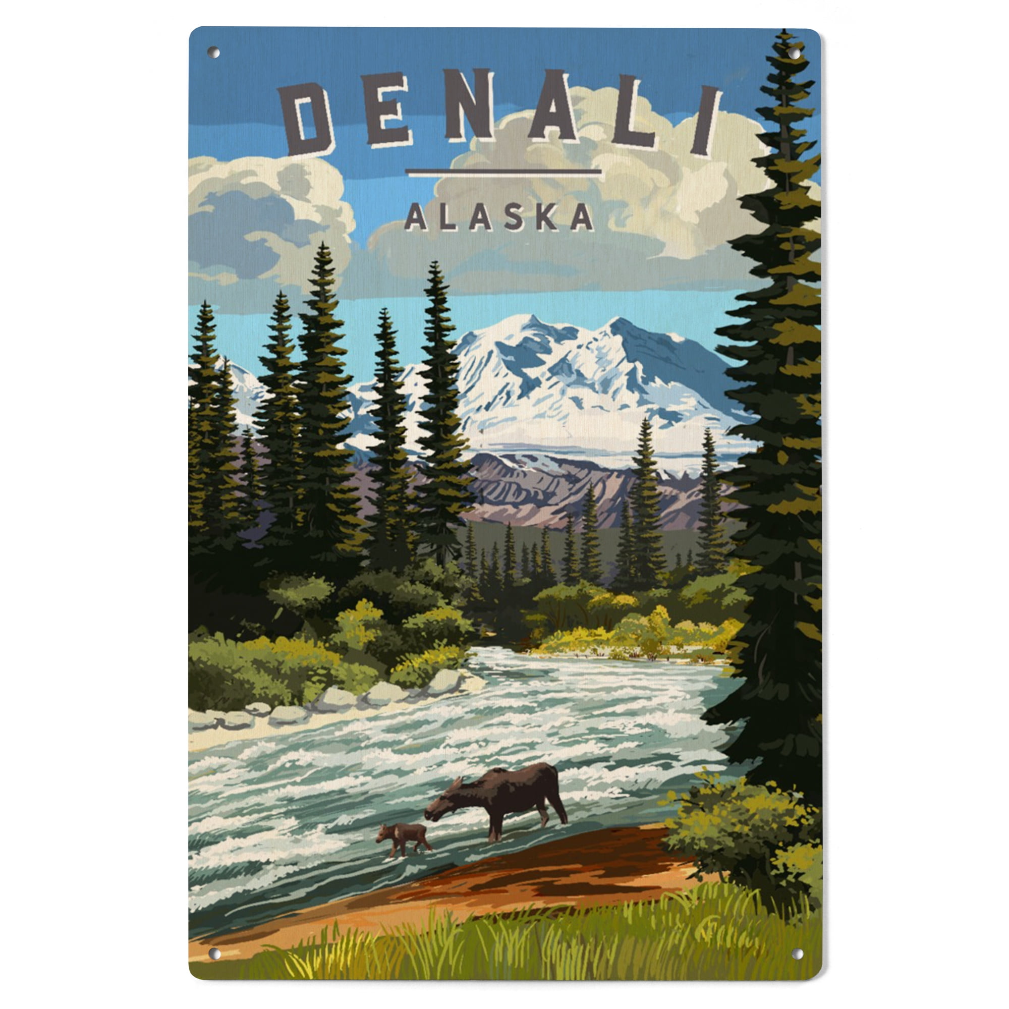 Denali, Alaska, Moose and River Rapids Birch Wood Wall Sign (6x9 Rustic ...