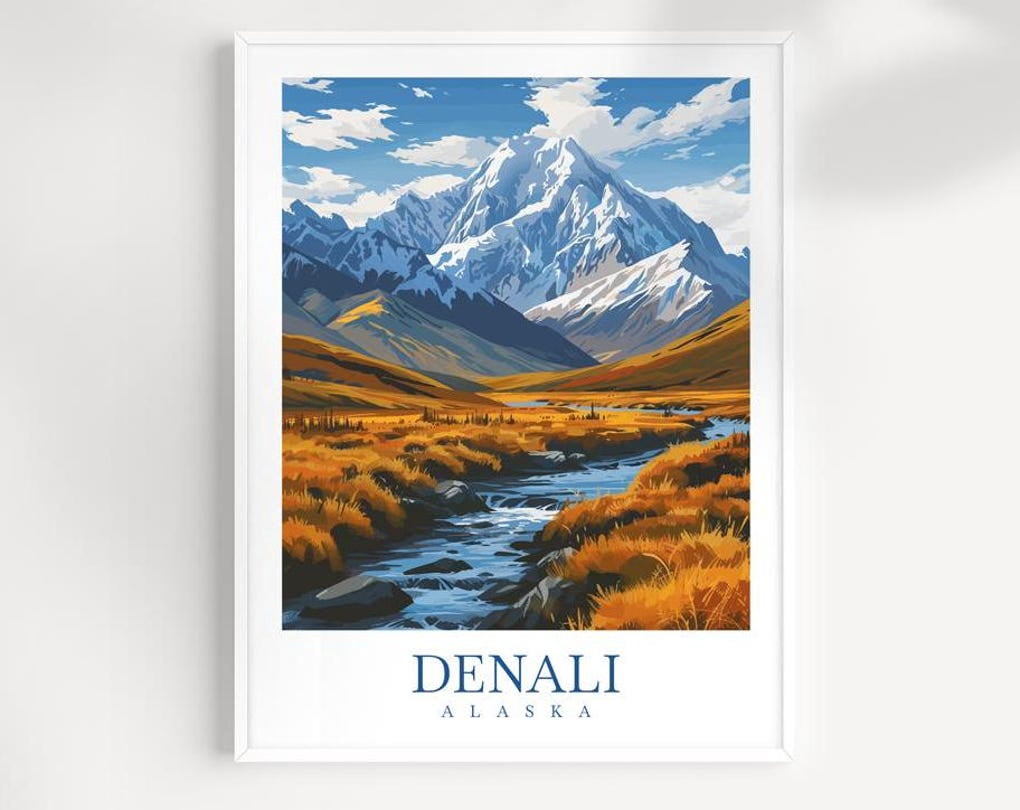 Denali Alaska Travel Print Wall Art - Illustrated Mountain Landscape ...