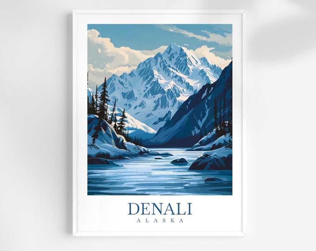 Denali Alaska Travel Print Wall Art - Illustrated Mountain Landscape ...