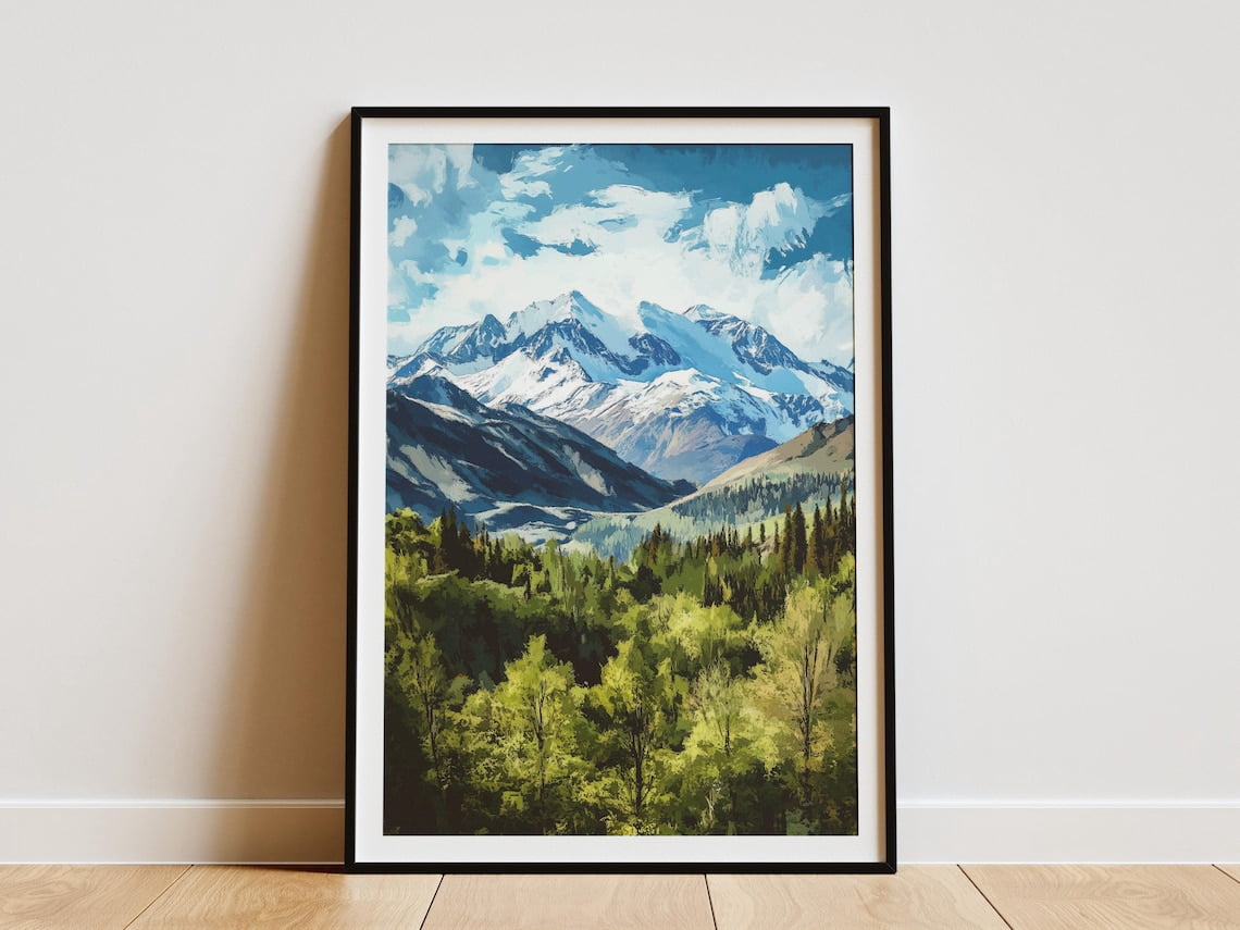 Denali National Park Alaska Art Vintage Travel Style Mountain Landscape ...