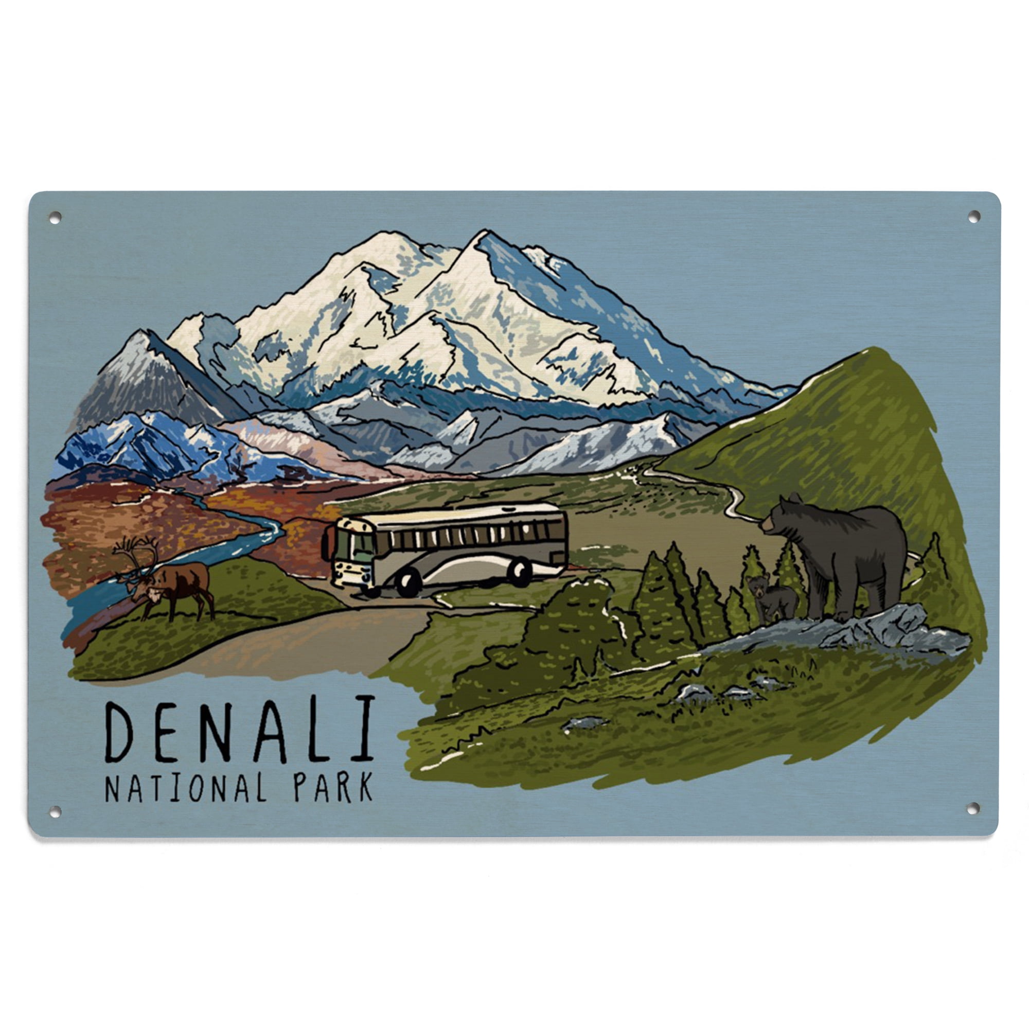 Denali National Park, Alaska, Line Drawing Birch Wood Wall Sign (6x9 ...