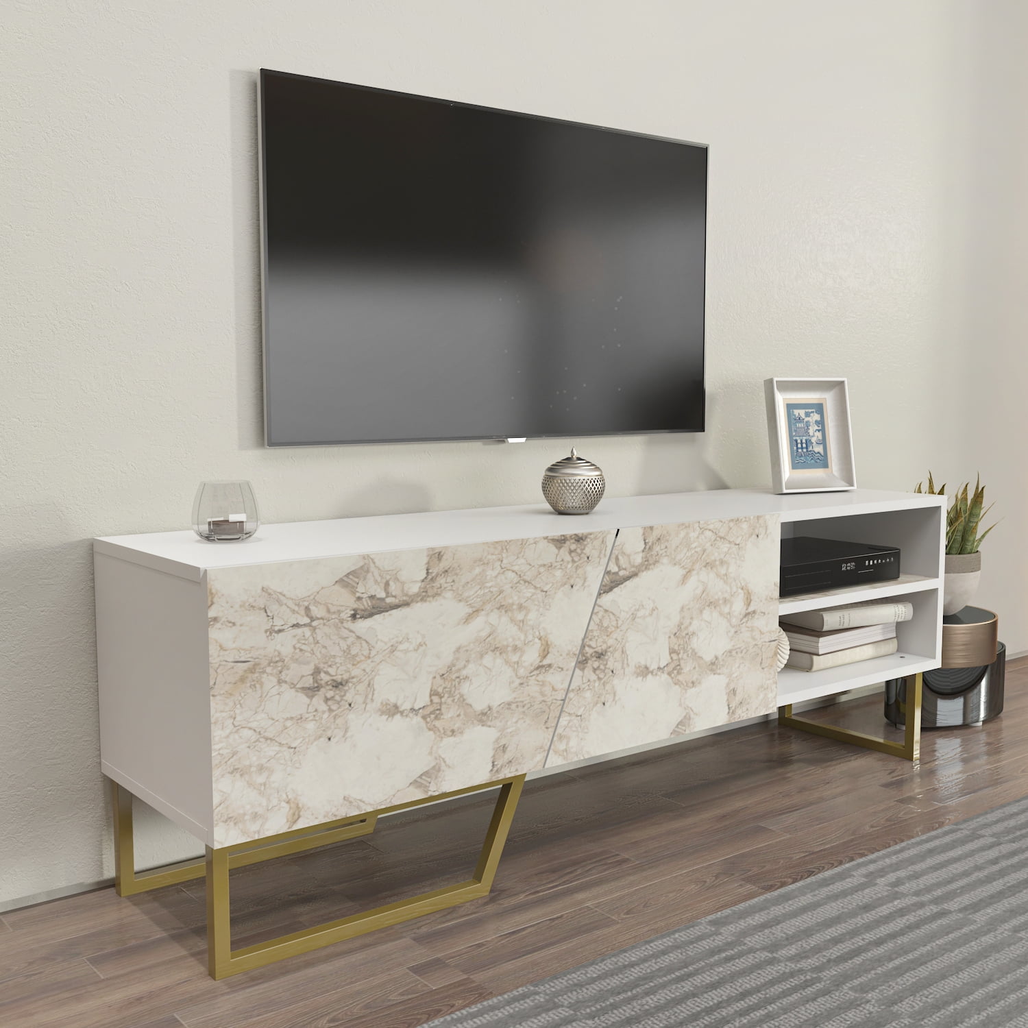 Denasse 59'' Wide Modern TV Stand / Console White and White Marble for ...