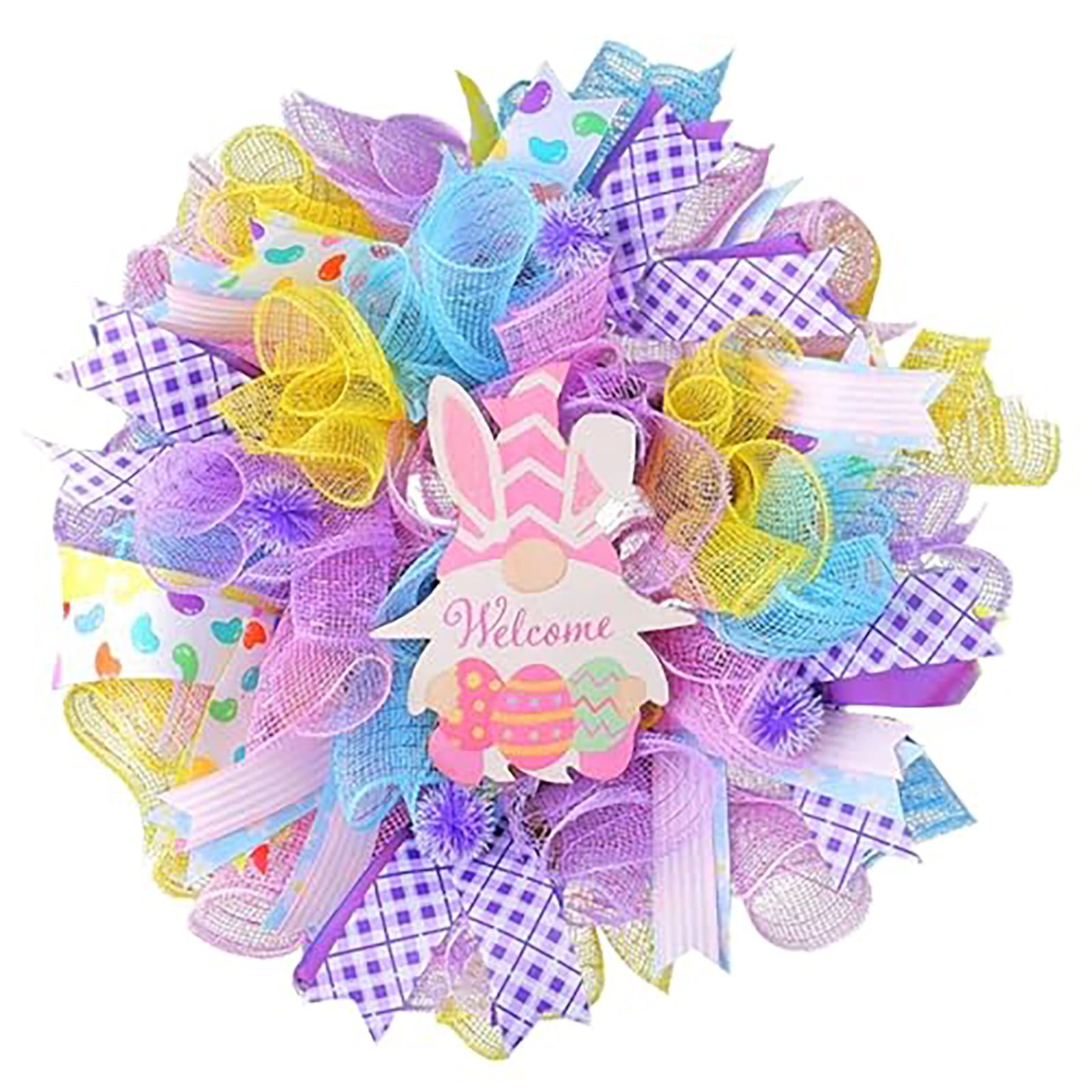 Denbek Easter Gnome Bunny Wreath, Easter Dwarf Mesh Wreath Artificial ...