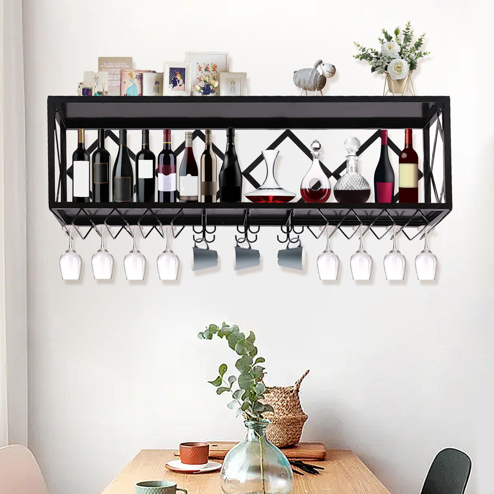 Denest 120cm Bar Unit Floating Shelves Wall-Mounted Wine Racks Inverted Wine Glass Rack ...