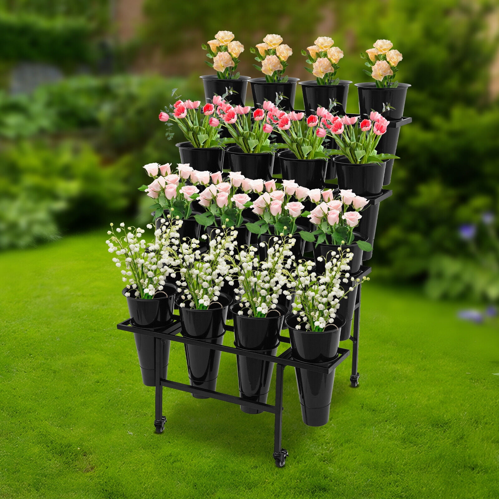 Denest 4 Tier Metal Flower Display Stand with 16pcs Plastic Buckets for ...