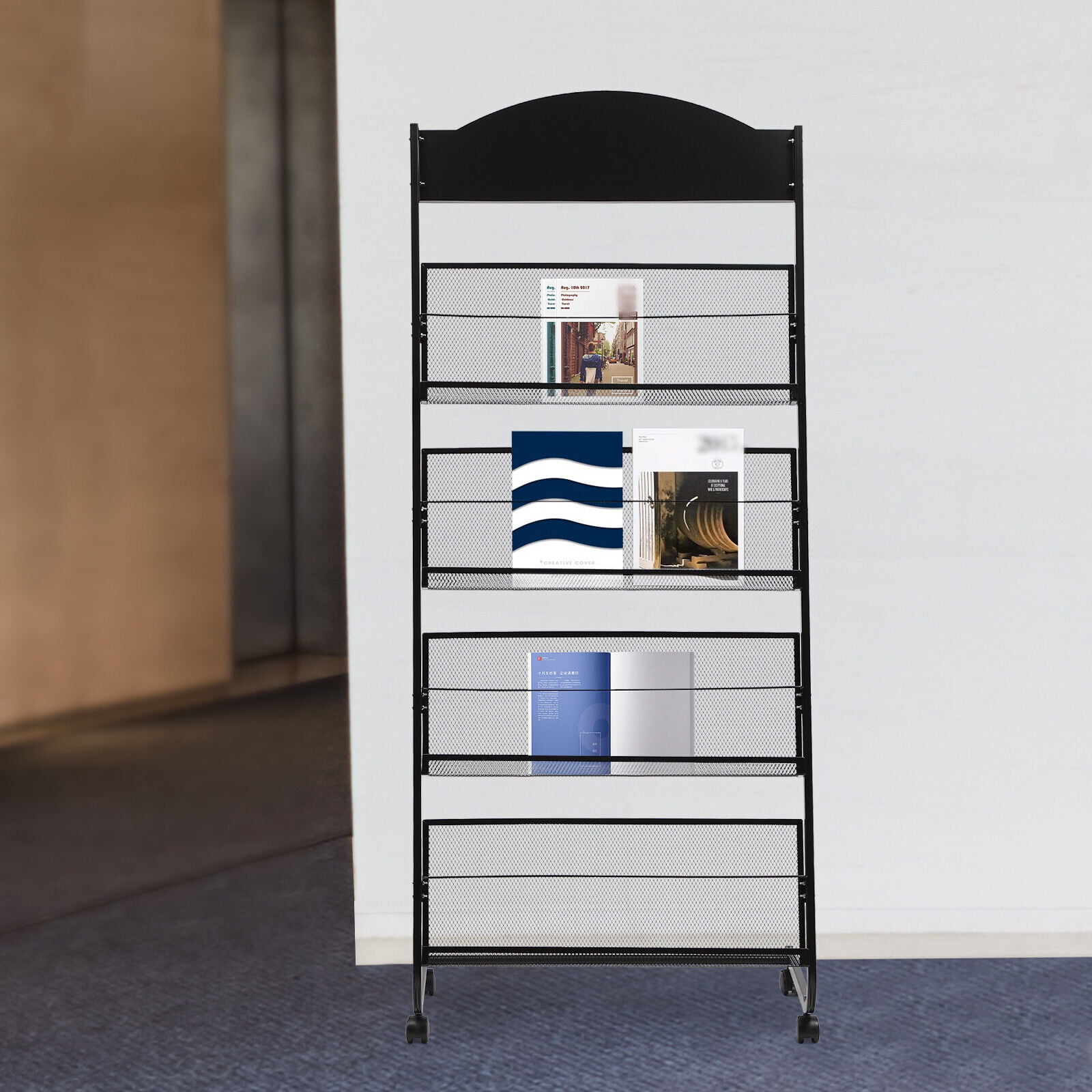 Denest 4-Tier Metal Wheeled Magazine Book Rack Newspaper Brochure ...