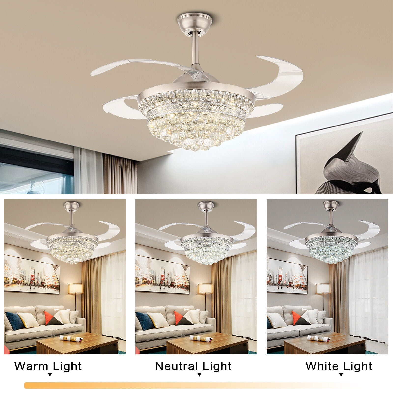 Denest 42" Crystal LED Light Pendant Lamp Chandelier Ceiling Fan with ...