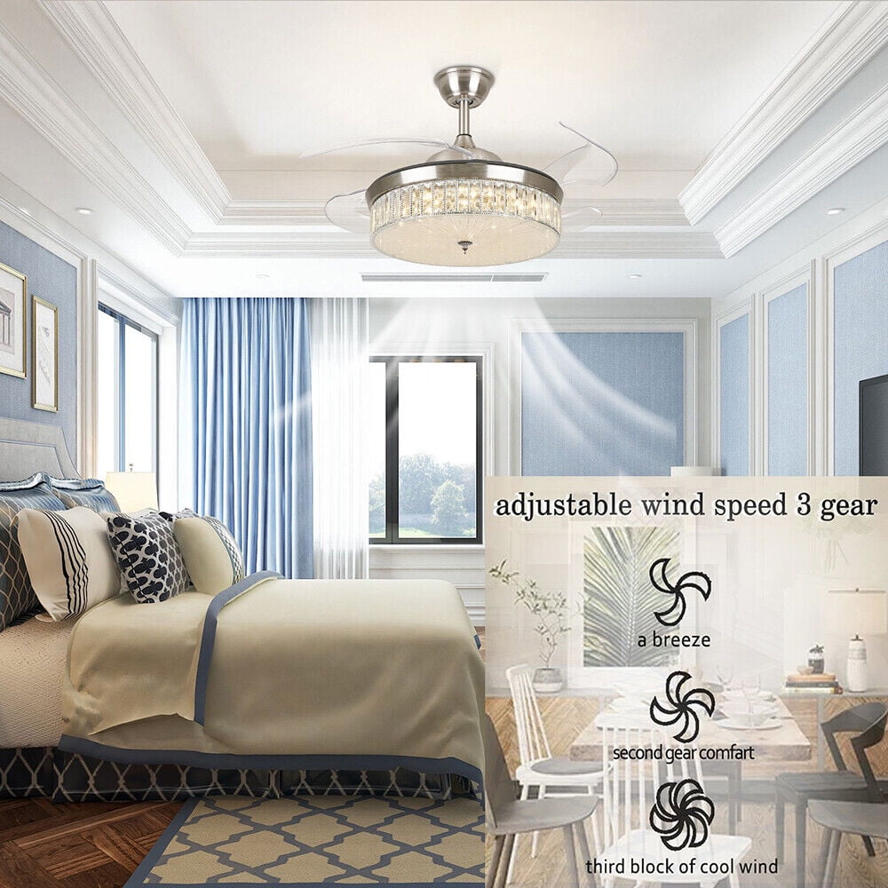 Denest Crystal Lamp Ceiling Fan Chandelier Combo with Retractable ...