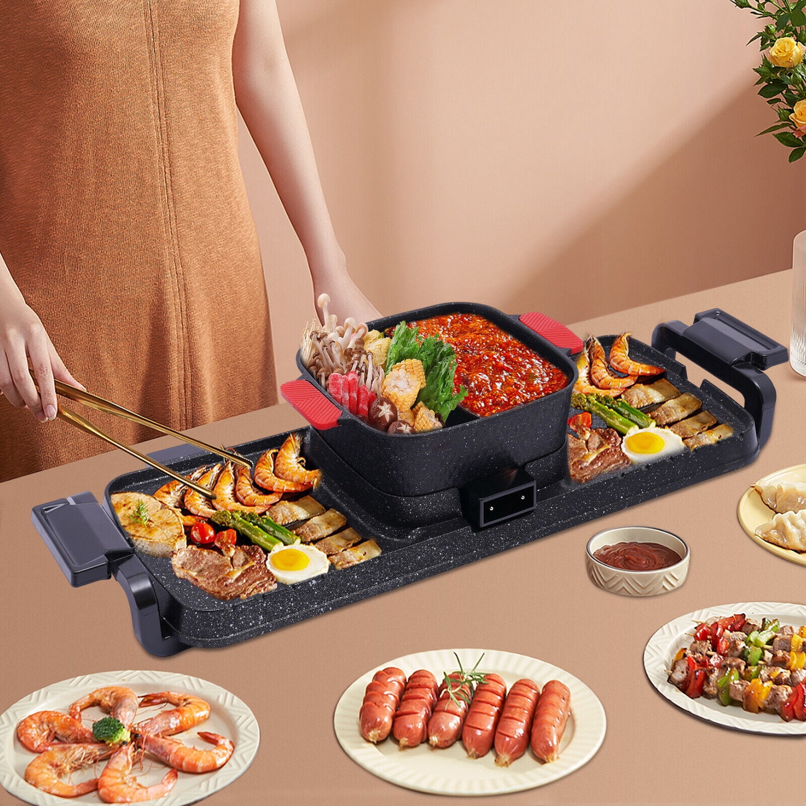 Denest Electric 2 in 1 Hot Pot BBQ Oven Smokeless Barbecue Pan Grill ...