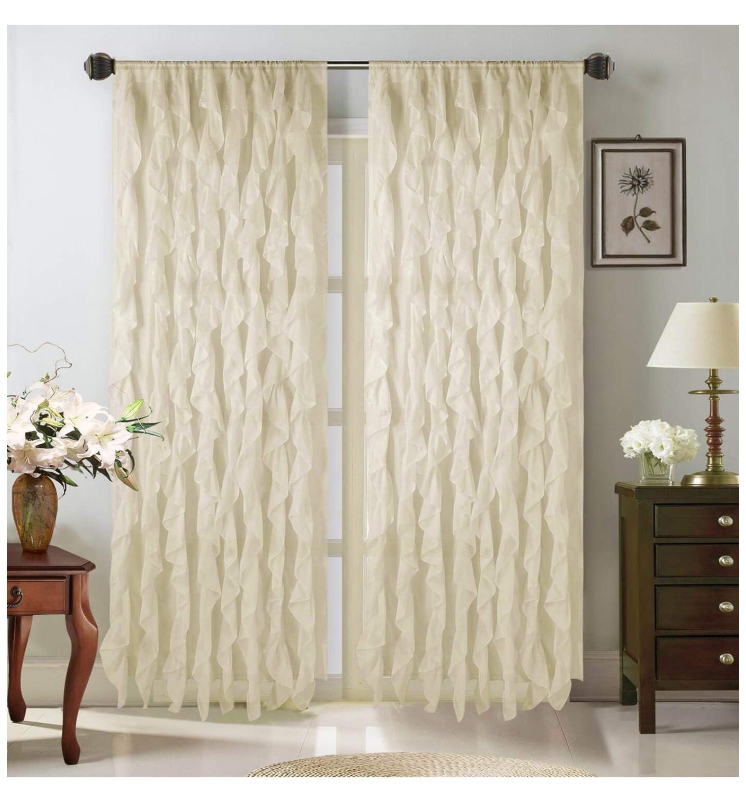 Deng rui 2 Curtain Panels, Ivory Ruffle 84" Curtain Panels, Sheer Voile ...