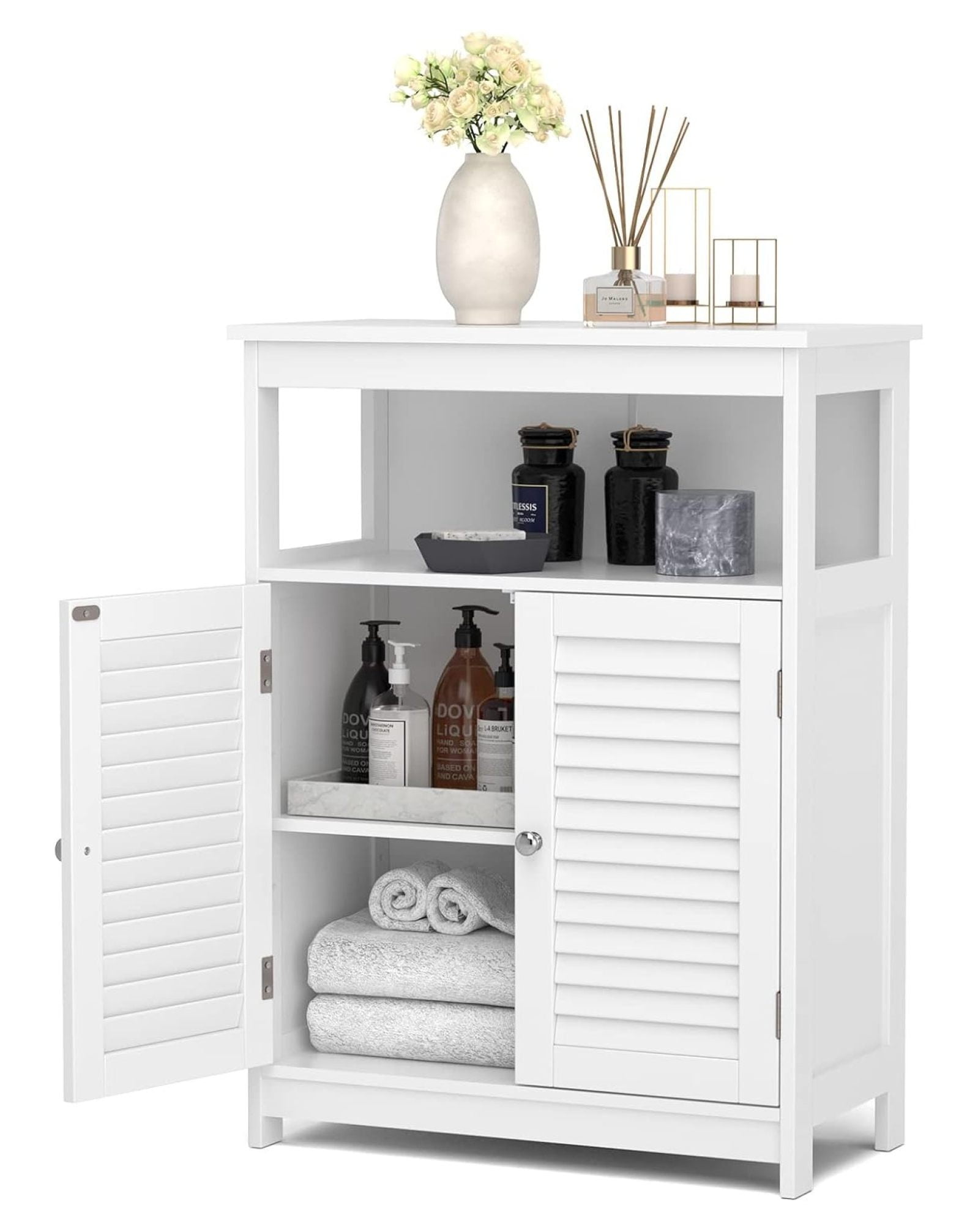 Deng rui Bathroom Floor Cabinet, Wooden Storage Cabinet with Double Shutter Doors & 3-Position ...