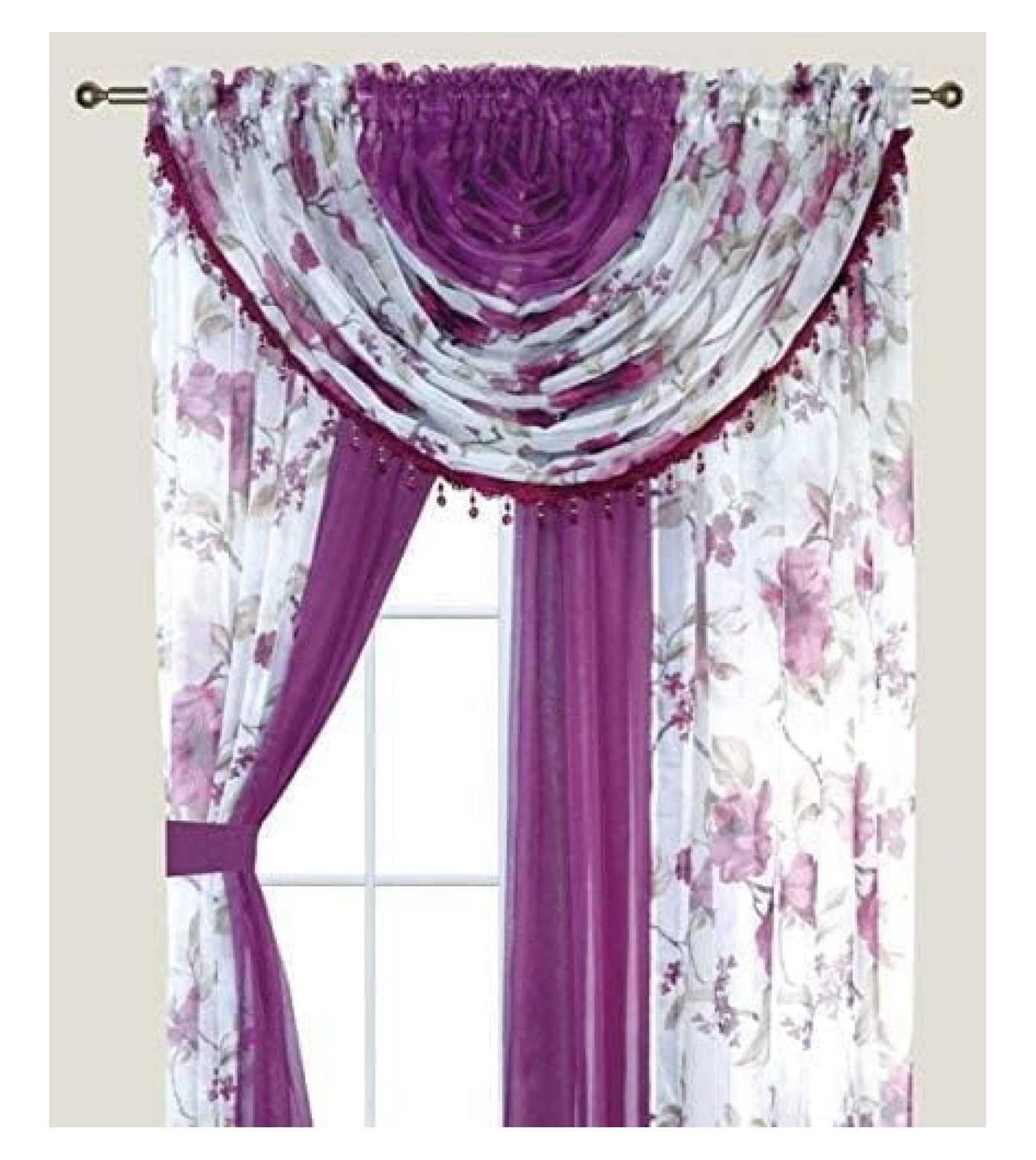 Deng rui Floral Sheer Curtains - 4 Panels Set with Valance, 95" Long ...