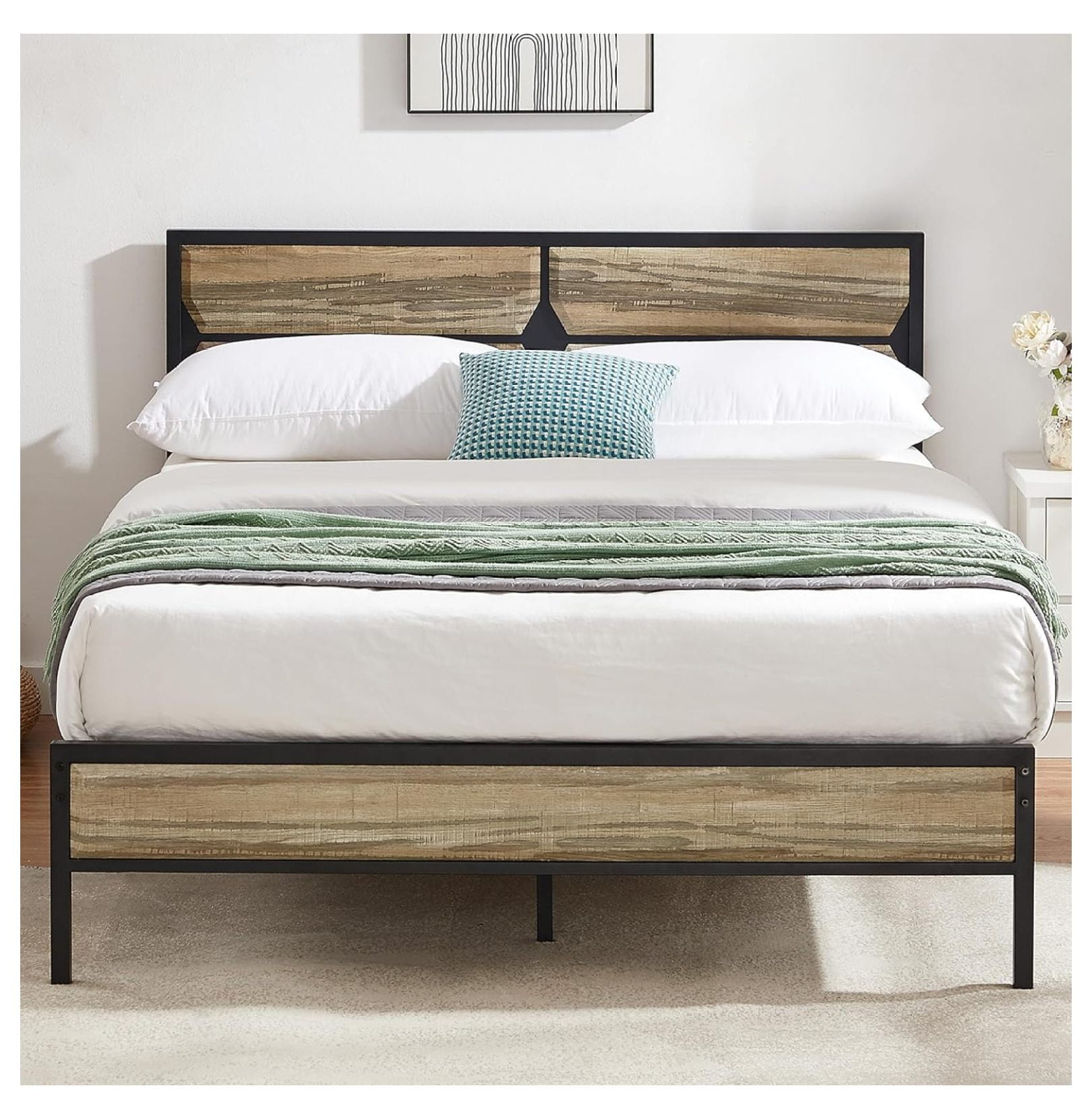 Deng rui Full Size Platform Bed Frame with Wood Headboard/Mattress ...