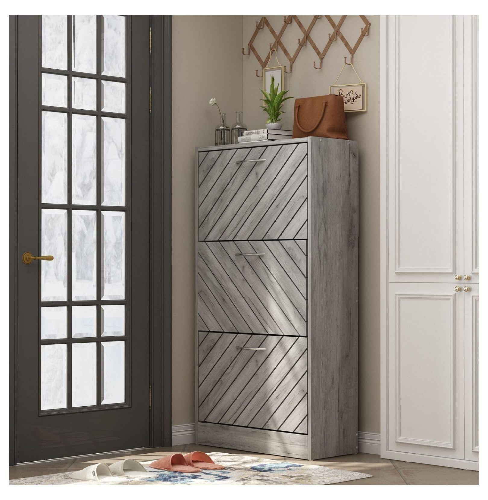 Deng rui Modern Shoe Cabinet with 3 Drawers, Freestanding Shoe Storage Cabinet, Slanted Design ...