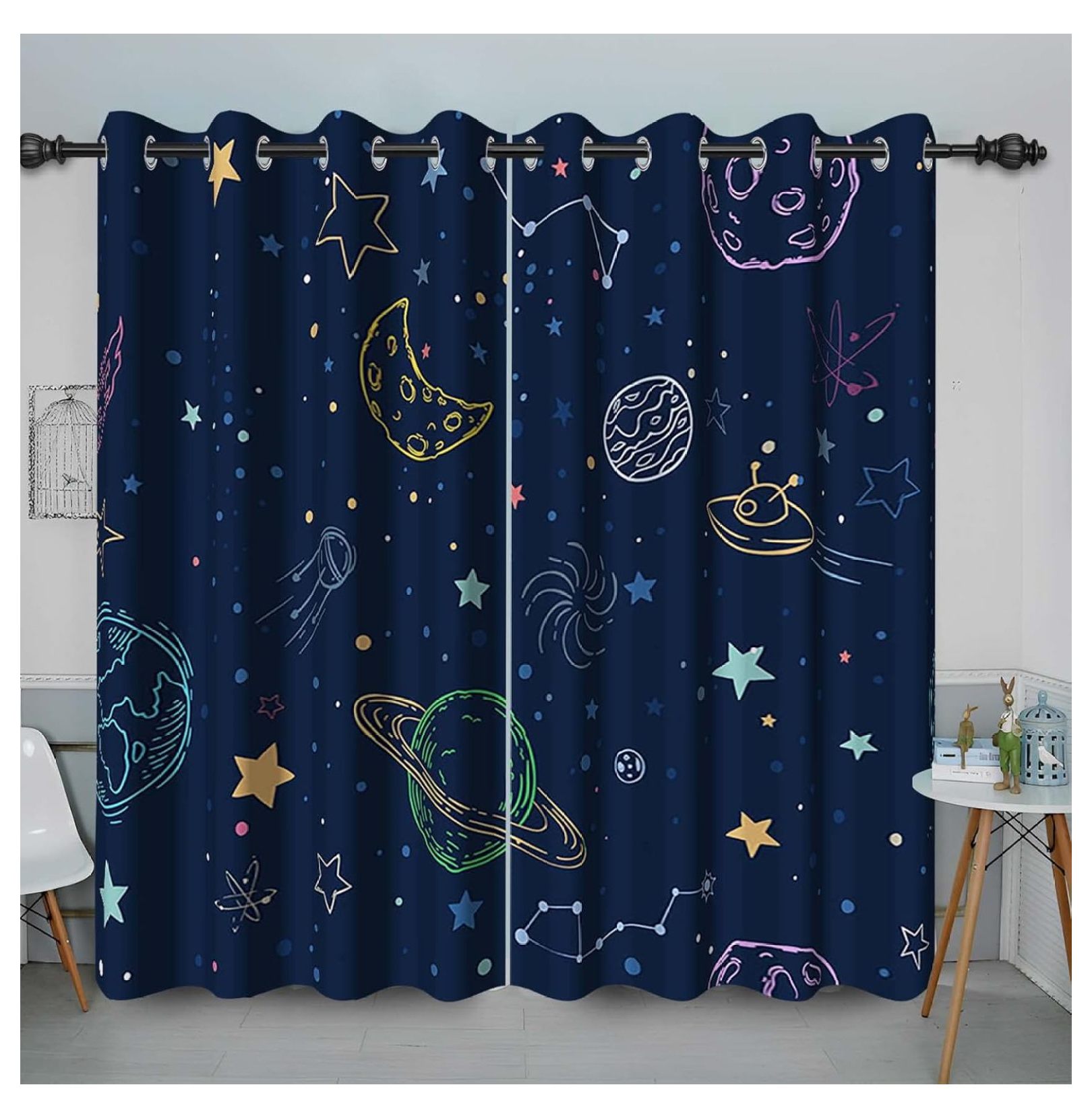 Deng rui Navy Blue Space Curtains for Boys Room Cartoon Stars Planets ...