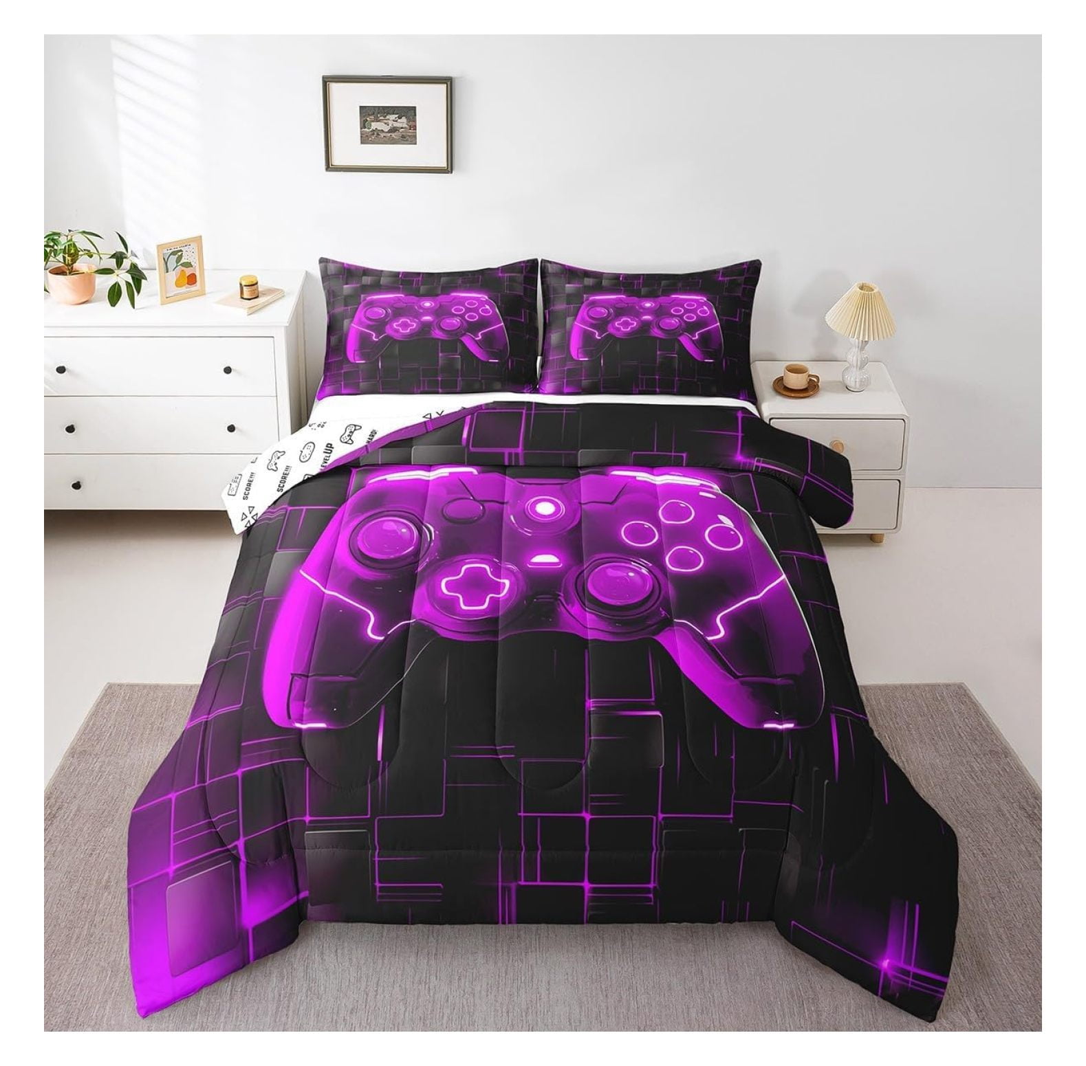 Deng rui Teens Gaming Comforter Set King Size, Purple Video Games Down ...