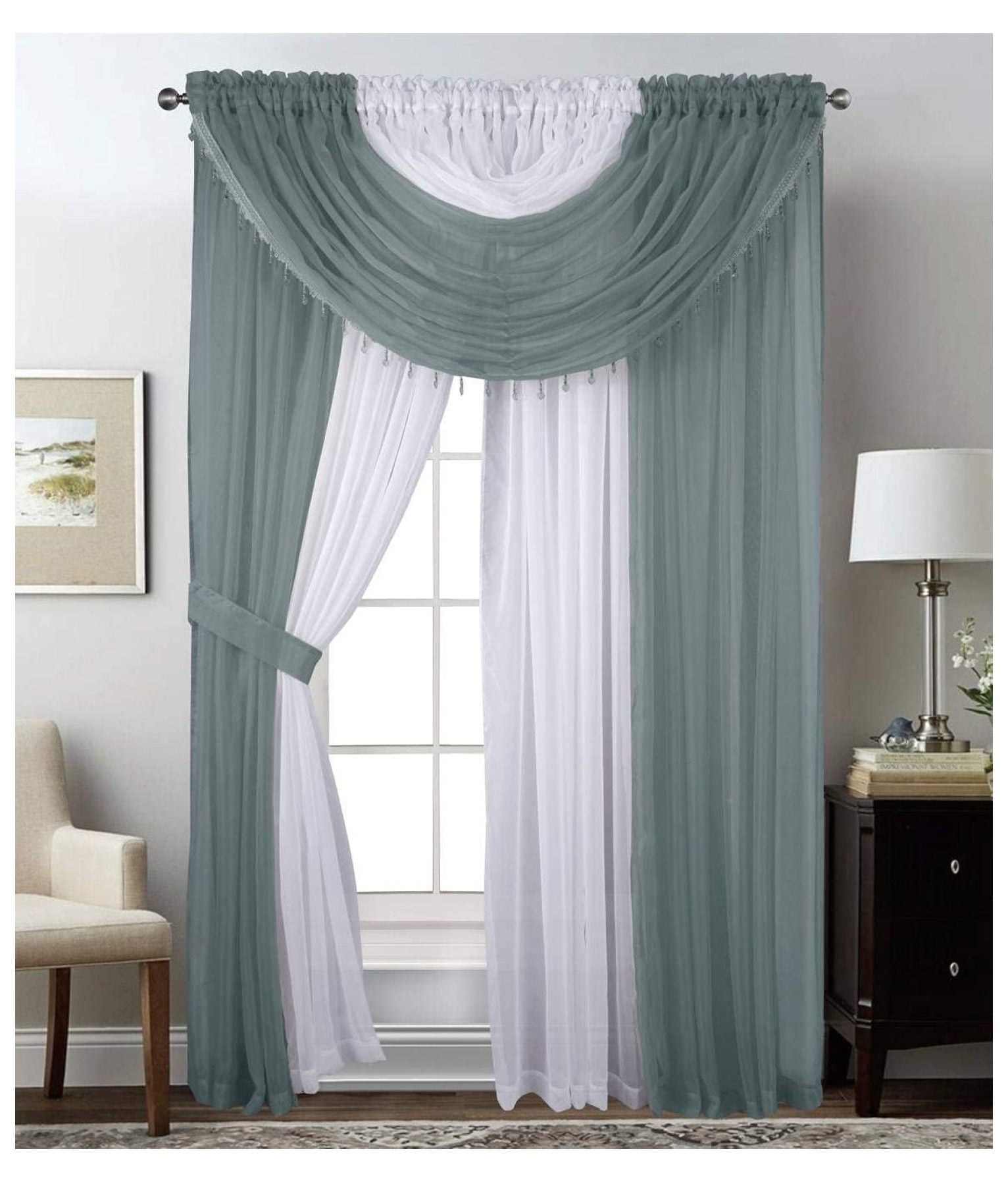 Deng rui Window Sheer Curtains - Two Tone 4 Panels Set with Valance and ...