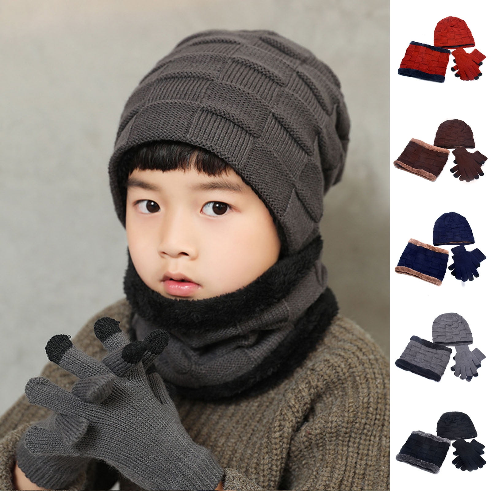 Dengjunhu 3Pcs/Set Boys Beanie Hat,Fleece Lined Hat Scarves Gloves for ...
