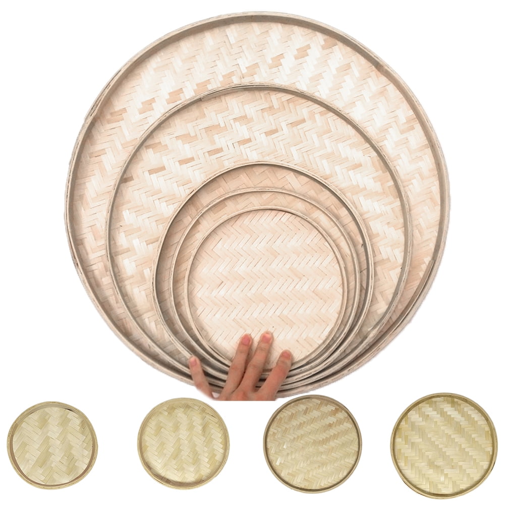Dengjunhu Handmade Bamboo Woven Basket Tray, Flat Wicker Round Fruit ...