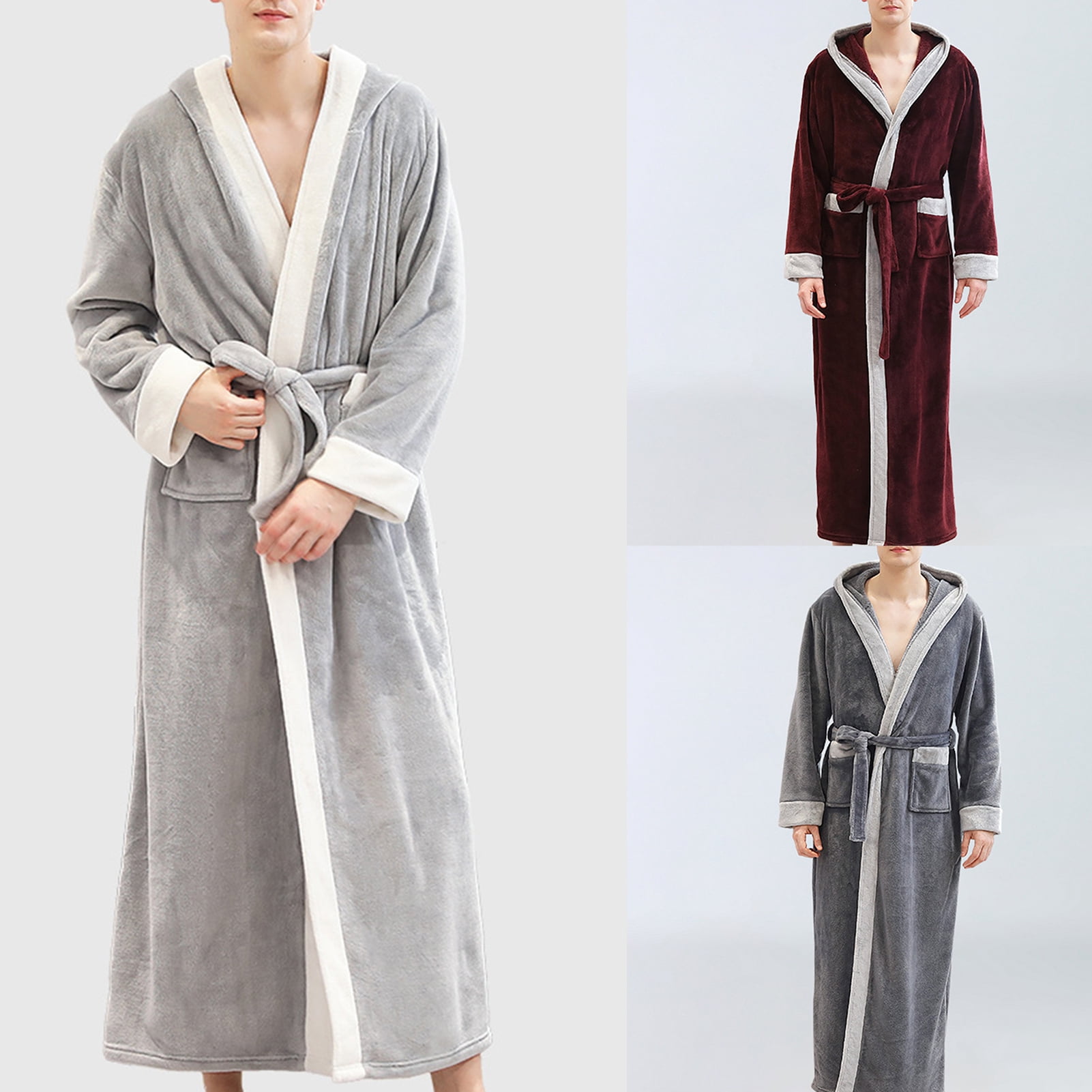 Dengjunhu Mens Long Robes with Hood Full Length Hooded Bathrobe Fleece ...