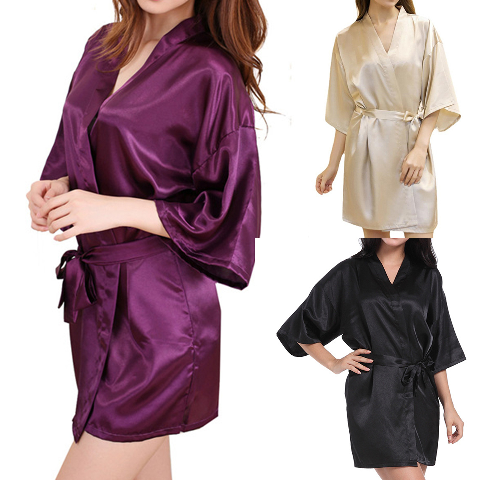 Dengjunhu Women's Lace-Trim Silk Robes Satin Bathrobe Short Sexy V Neck ...