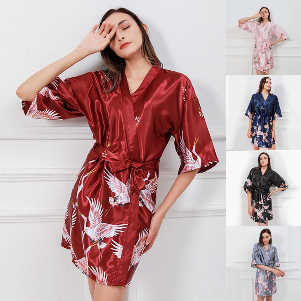 Dengjunhu Women's Robe Short Satin Bridesmaid Silk Crane Bathrobe ...