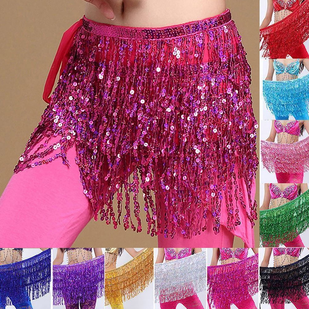 Dengjunhu Women's Sequin Skirt Glitter Belly Dance Hip Skirt Tassel Scarf Rave Skirt Wrap Party ...