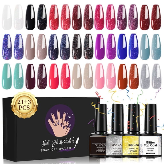 Dengmore 24 Piece Gel Polish Kit with 21 Colors and Base Matte Glossy ...