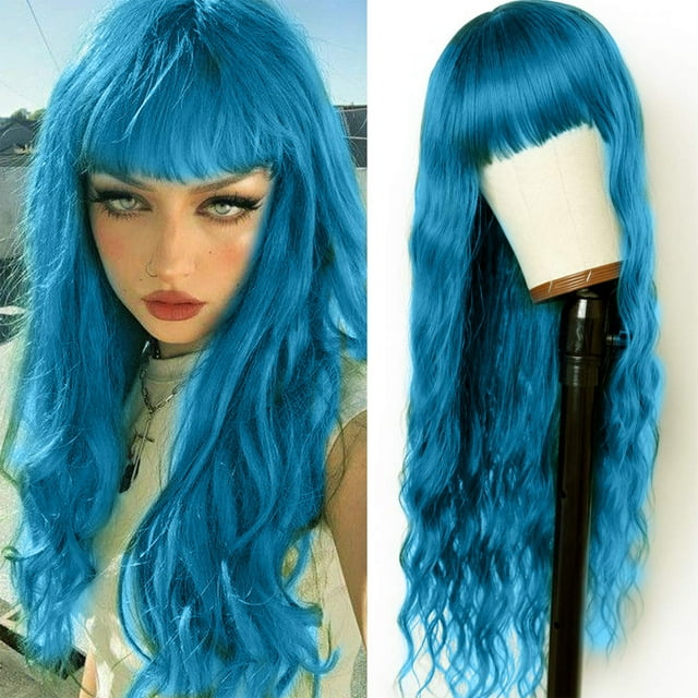 Dengmore Long Curly Wig with Bangs Wavy Hair Wig for Women Synthetic ...