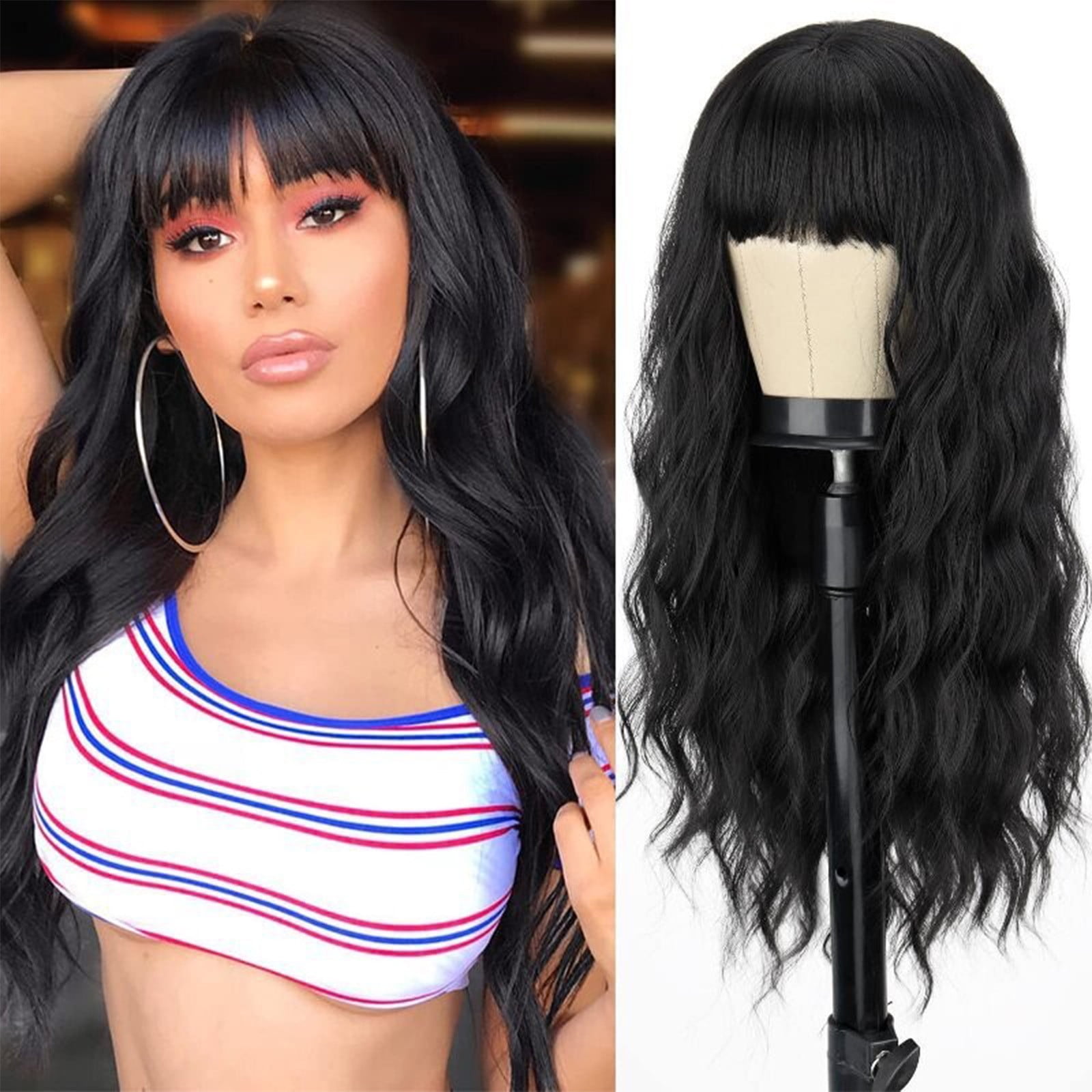 Dengmore Long Curly Wig With Bangs Wavy Hair Wig For Women Synthetic Natural Wig Black Colors