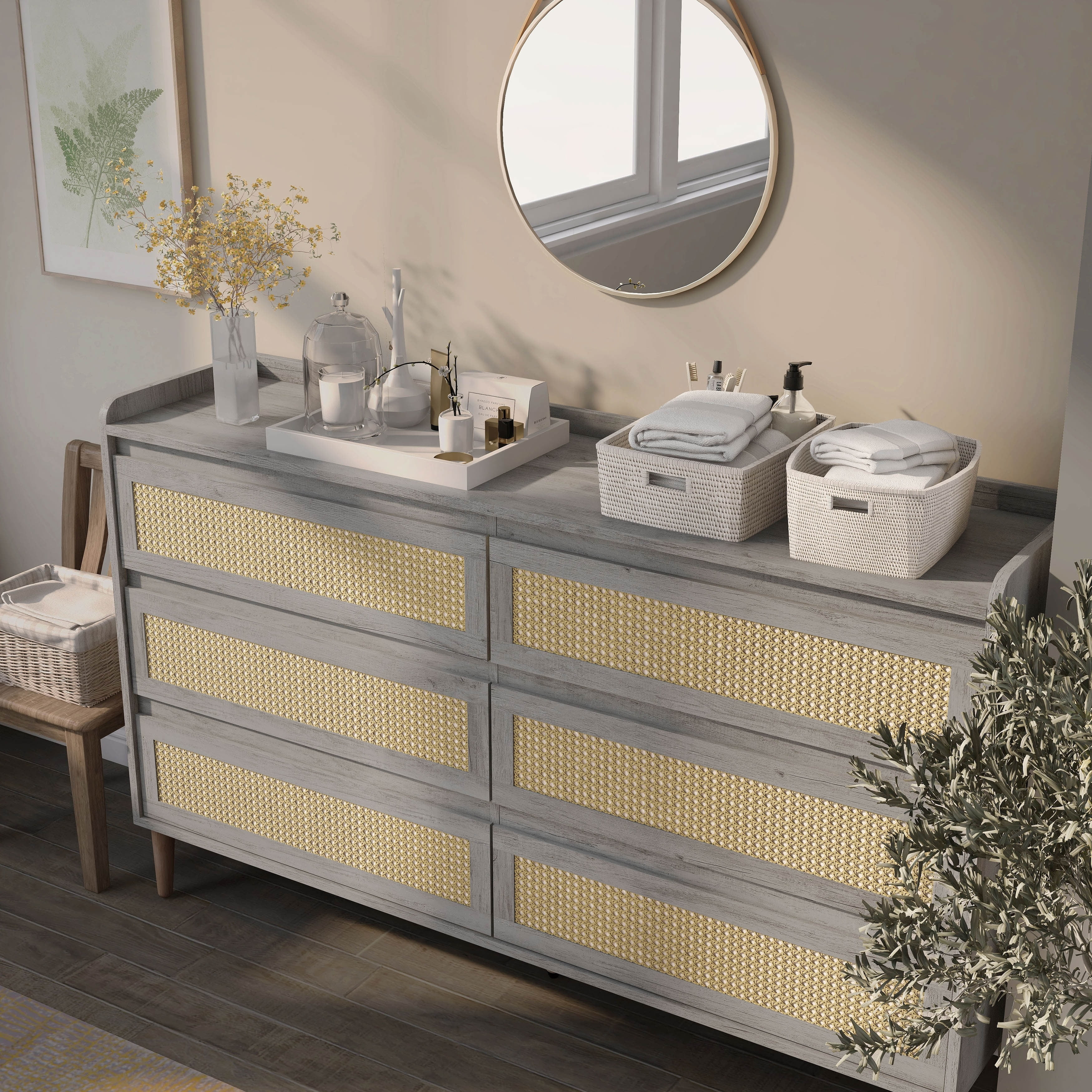 Denhour DH BASIC Boho Chic Beach 63-inch Wide Rattan 6-Drawer Dresser ...