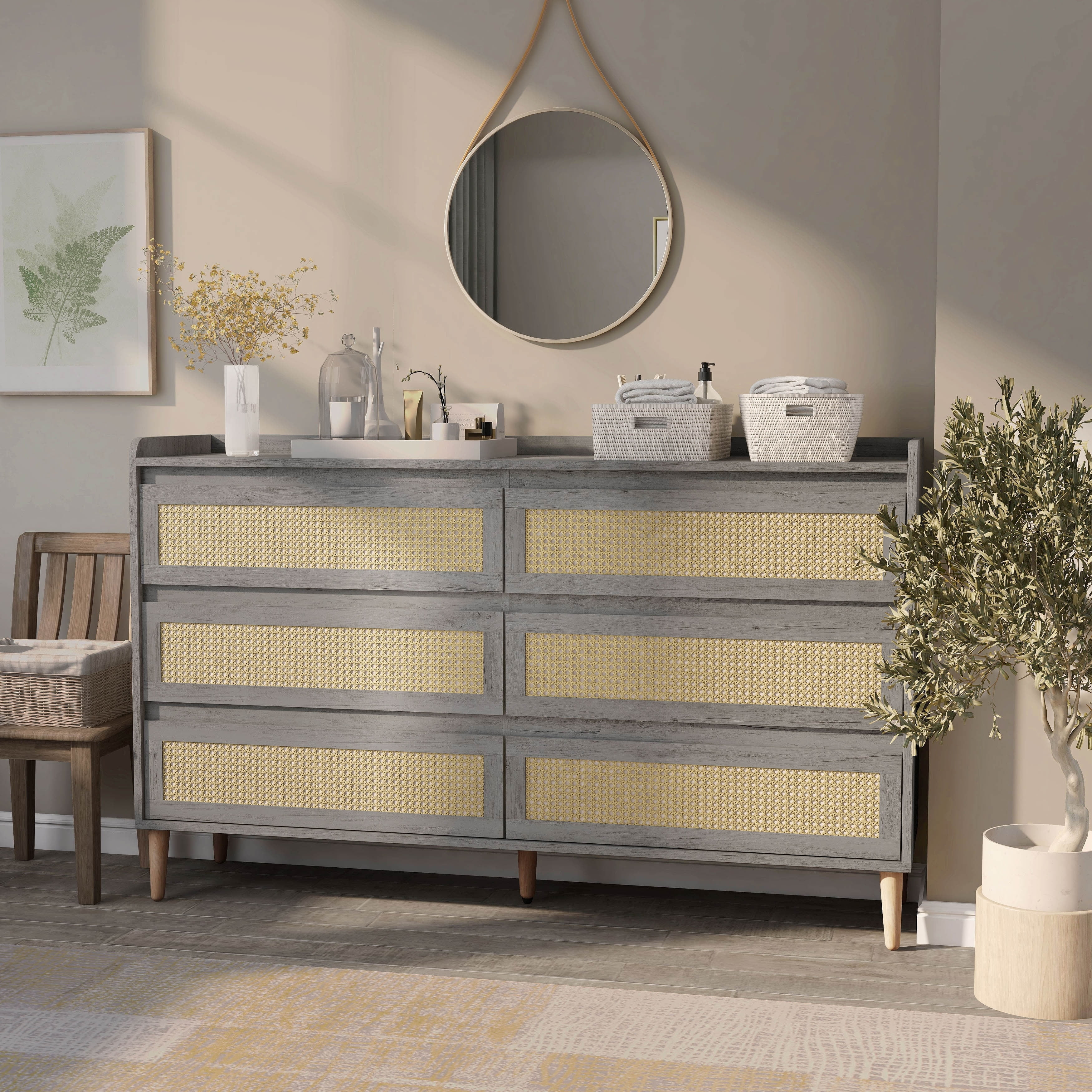 Denhour DH BASIC Boho Chic Beach 63-inch Wide Rattan 6-Drawer Dresser ...