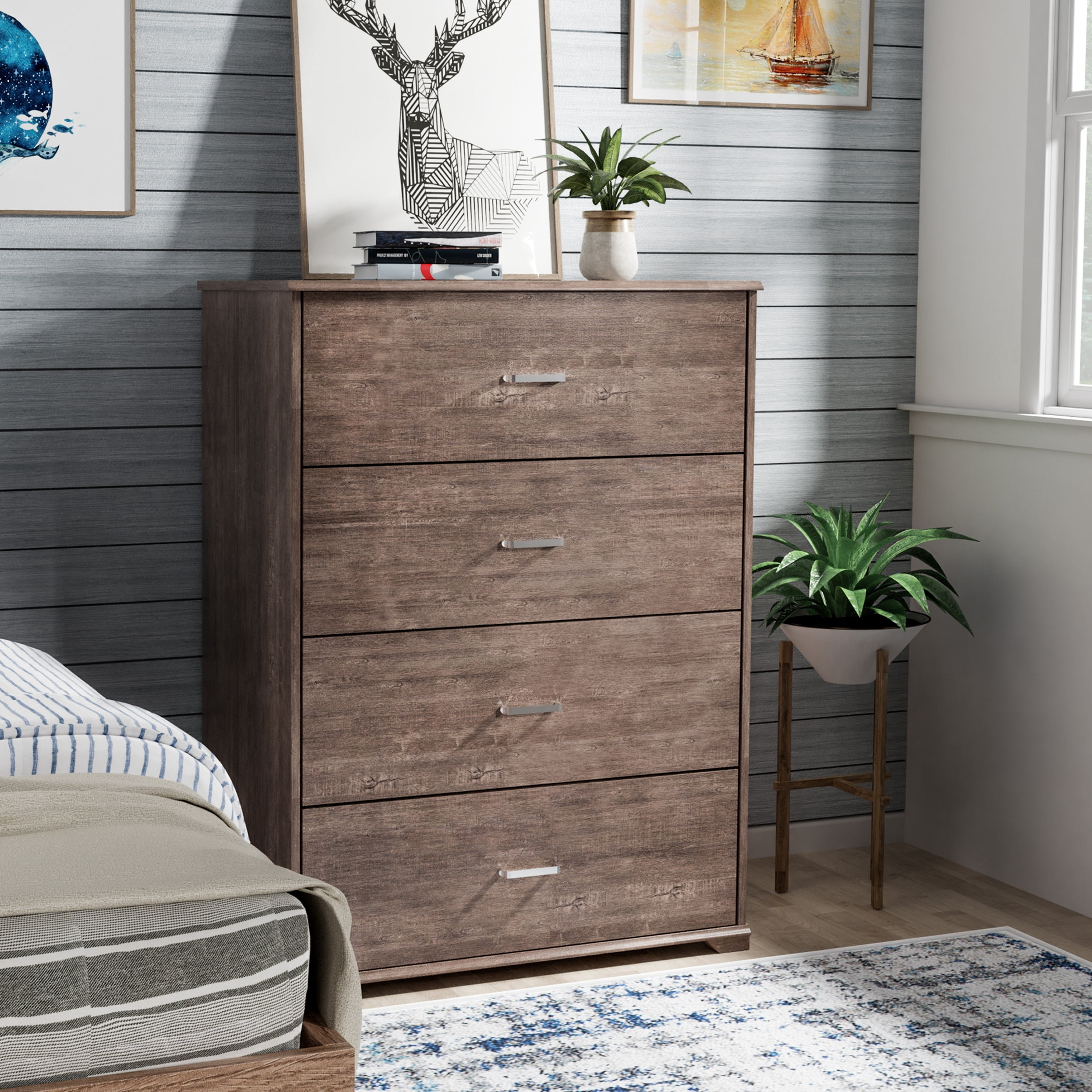 Denhour DH BASIC Contemporary 4-Drawer Chest with Bar Pulls by Walnut ...