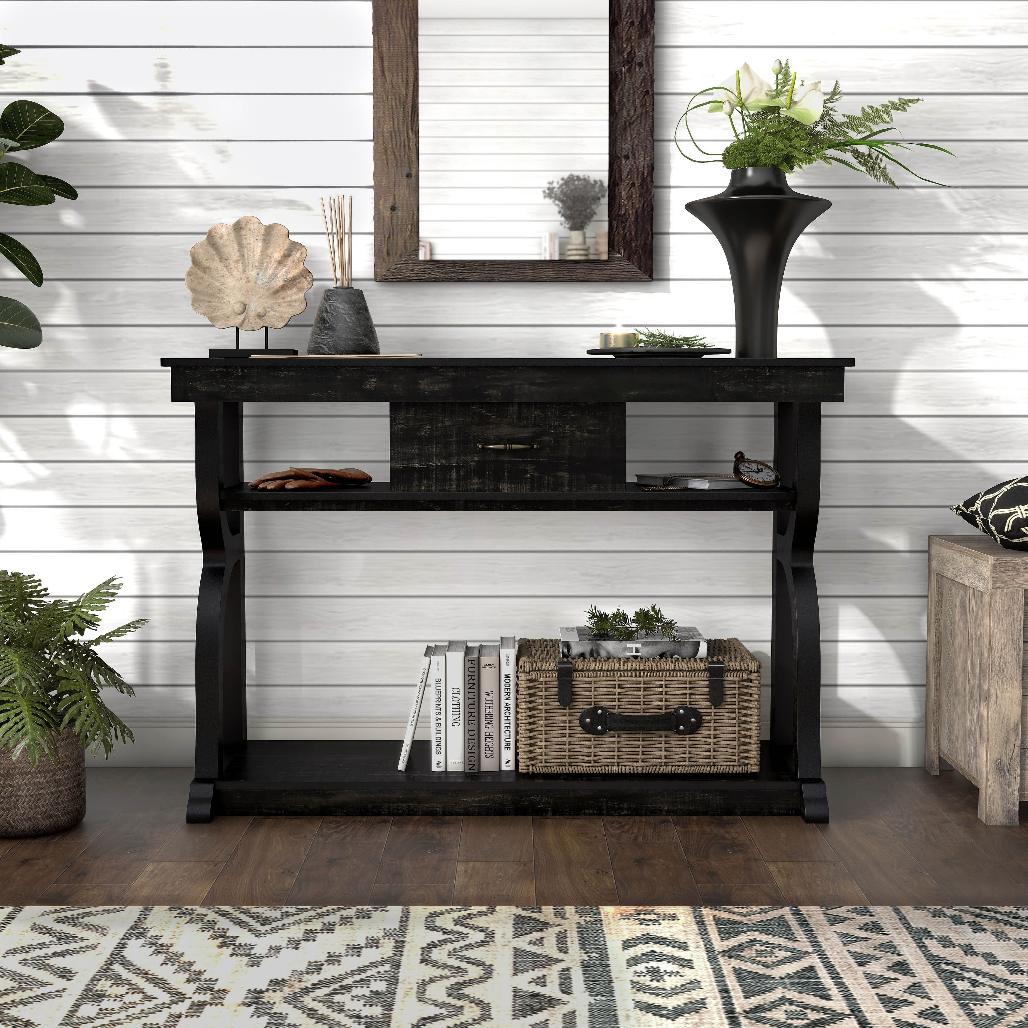 Denhour DH BASIC Farmhouse Black Oak 47-inch 3-Open Shelf Console Table ...